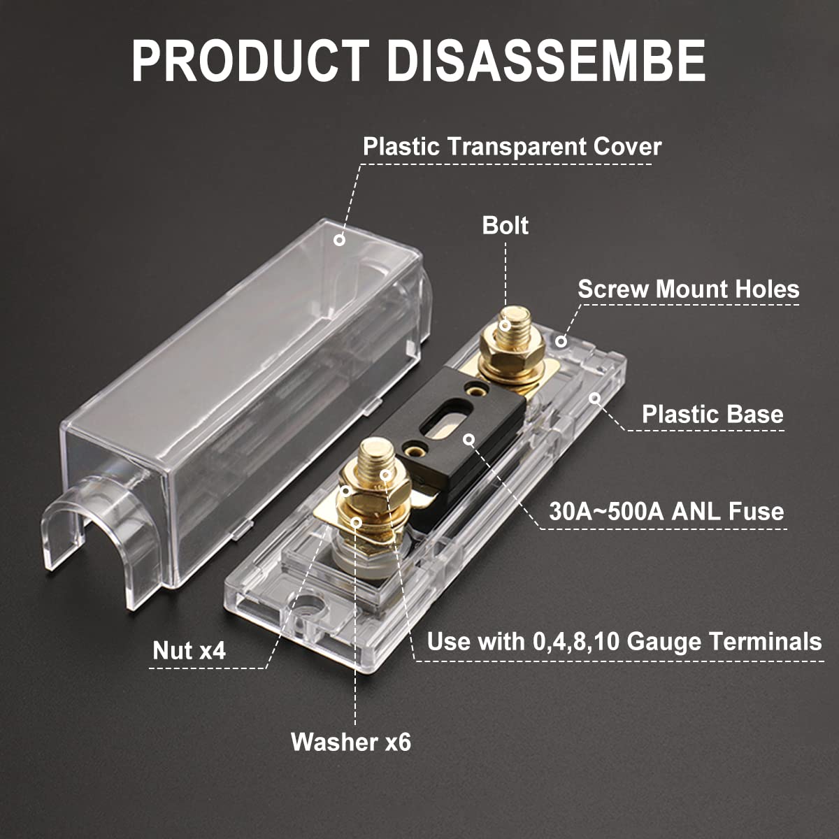 Baomain ANL Fuse Holder Kit for Car Vehicles Audio System, 60Amp ANL Fuses (1 x Holder, 1 x Fuses), RoHS, Clear, Gold