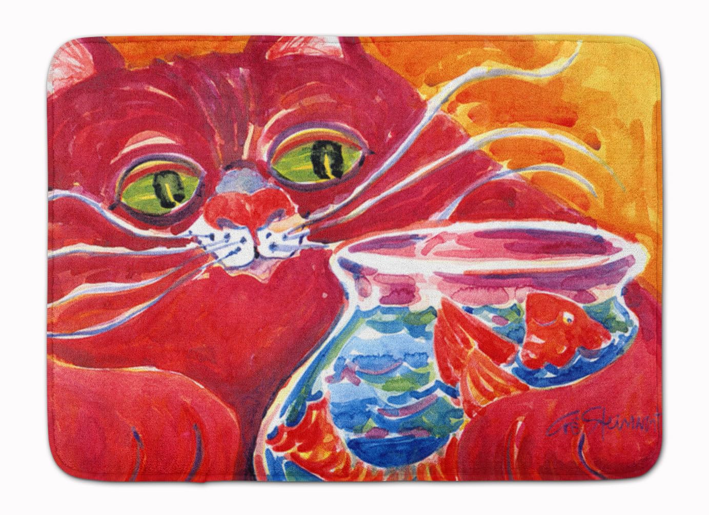 Caroline's Treasures 6048RUG Big Red Cat at the fishbowl Machine Washable Memory Foam Mat, Bathroom Rug, Non-Slip Bath Mat, Durable Thick Washable Rugs for Kitchen, Bathroom Quick Dry, Decorative Artw