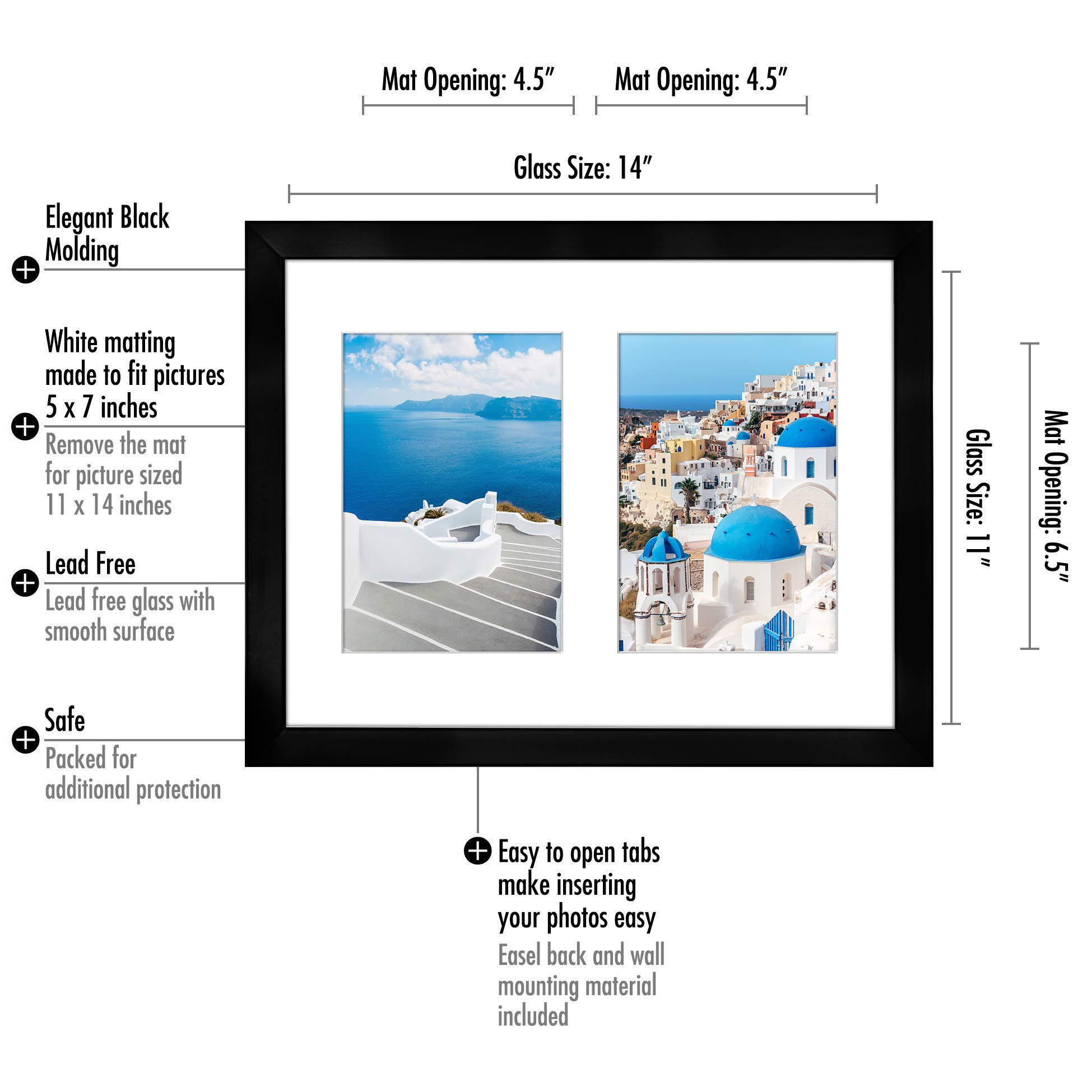 Americanflat 5x7 Double Picture Frame with Shatter-Resistant Glass - Fits Two 5x7 Photos or One 11x14 Picture - Signature Collection - Photo Frame for Wall Display - Black
