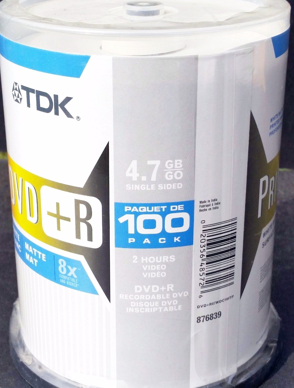 100 on spindle pack TDK Print On DVD R 8x 4.7 GB single sided white matte