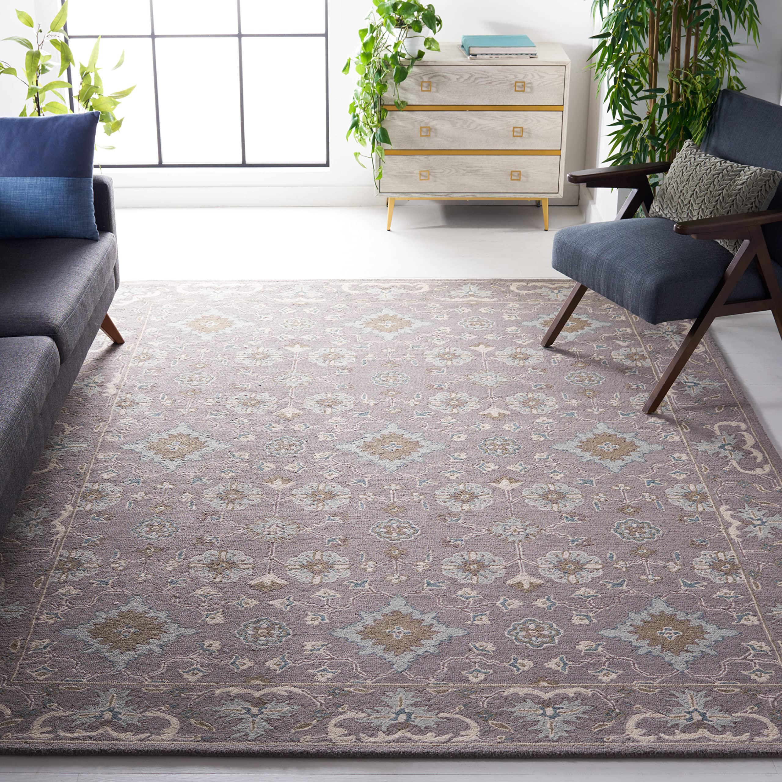 SAFAVIEH Blossom Collection Area Rug - 8'9" x 12', Grey, Handmade Wool, Ideal for High Traffic Areas in Living Room, Bedroom (BLM218A)