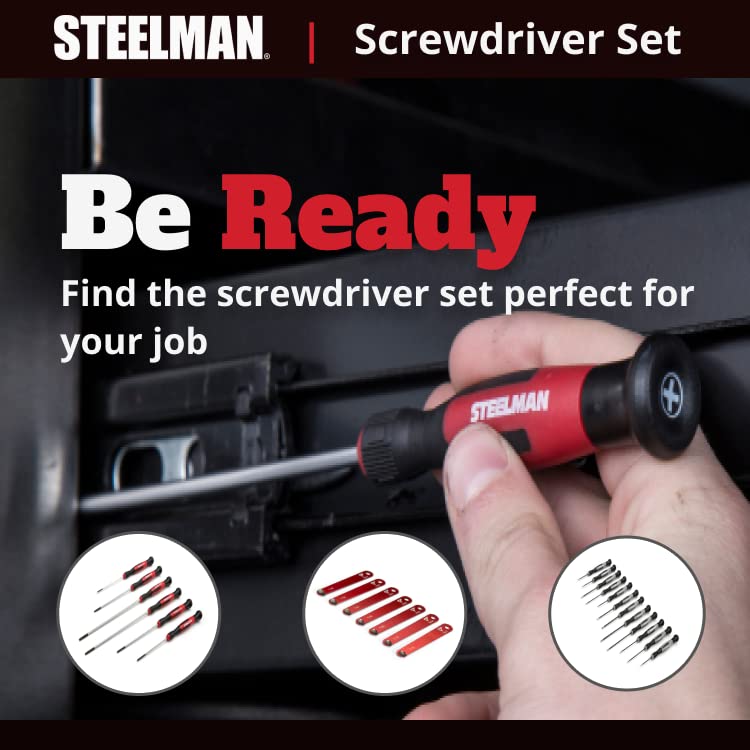 STEELMAN Precision Steel Shaft 6-Piece Electronics Screwdriver Set, Variety of Slotted/Phillips Sizes, Swivel-Head, Storage Case Included