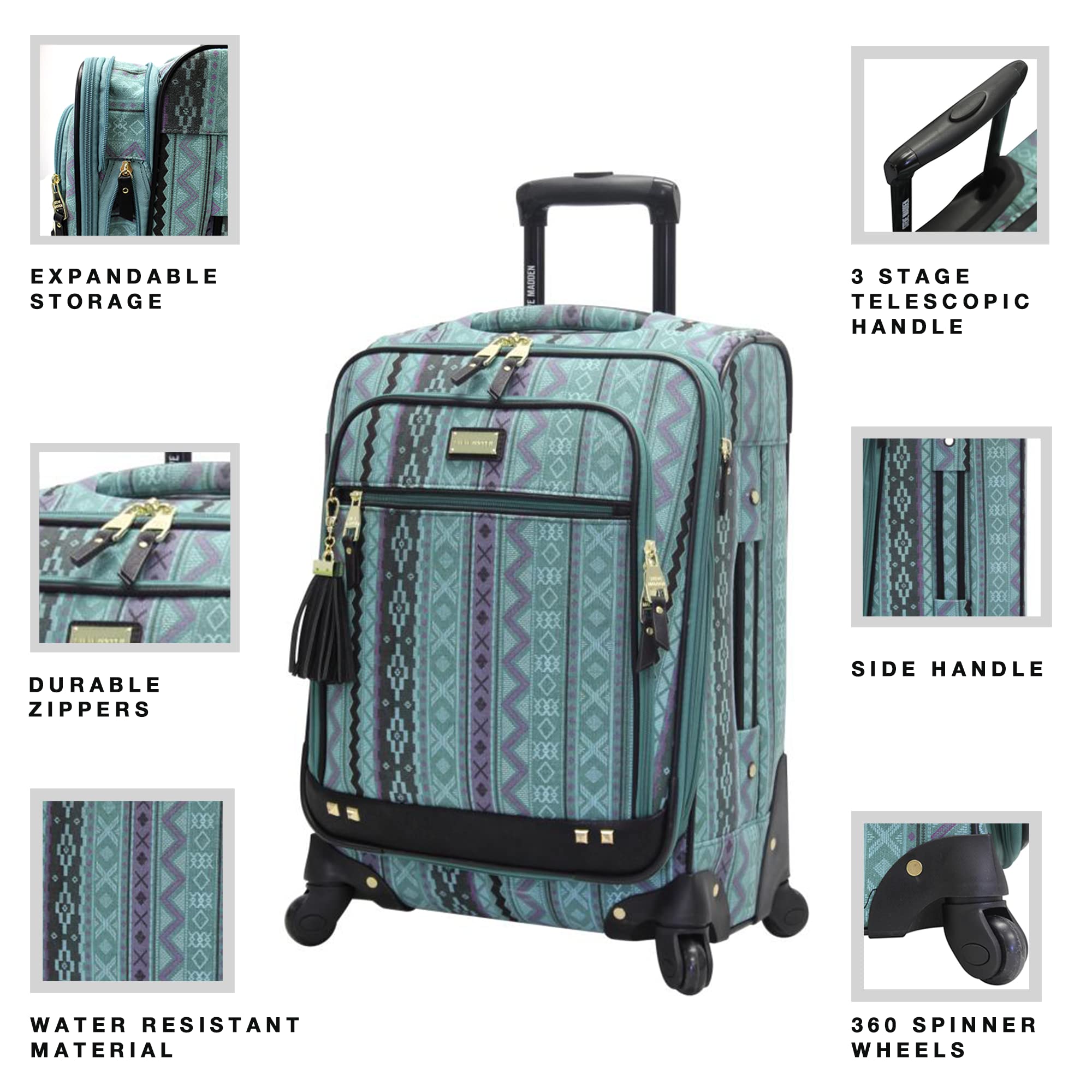 Steve Madden Designer Luggage Collection - Expandable 24 Inch Softside Bag - Durable Mid-sized Lightweight Checked Suitcase with 4-Rolling Spinner Wheels (Legends Turquoise)