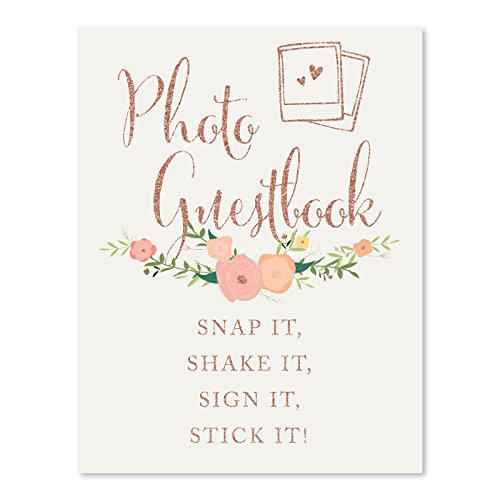 Andaz Press Wedding Party Signs, Faux Rose Gold Glitter with Florals, 8.5x11-inch, Photo Guestbook Snap It, Shake It, Sign It, Stick It, Polaroid Sign 1-Pack, Colored Decorations