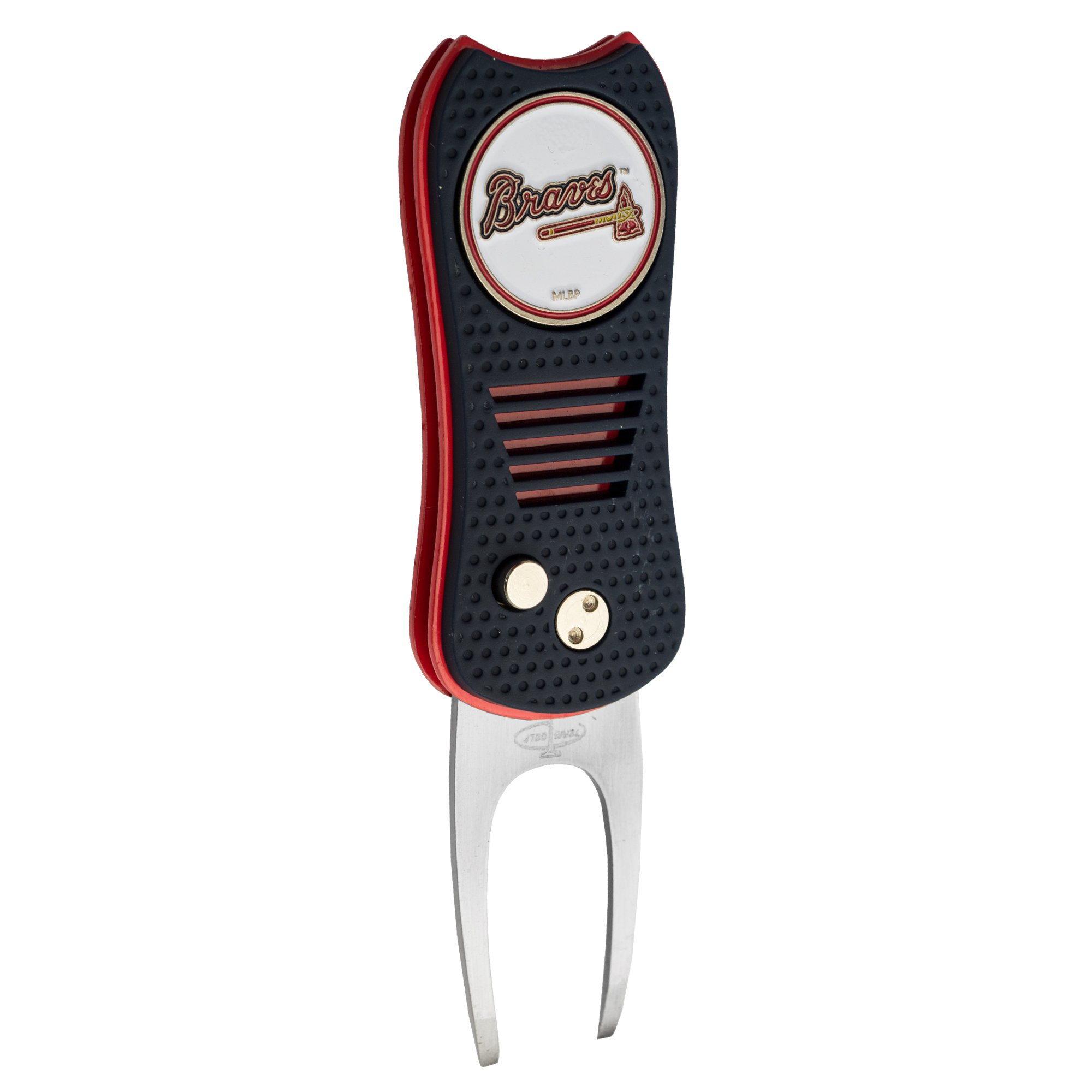 Team Golf MLB Atlanta Braves Retractable Divot Tool with Double-Sided Magnetic Ball Marker, Features Patented Single Prong Design, Causes Less Damage to Greens