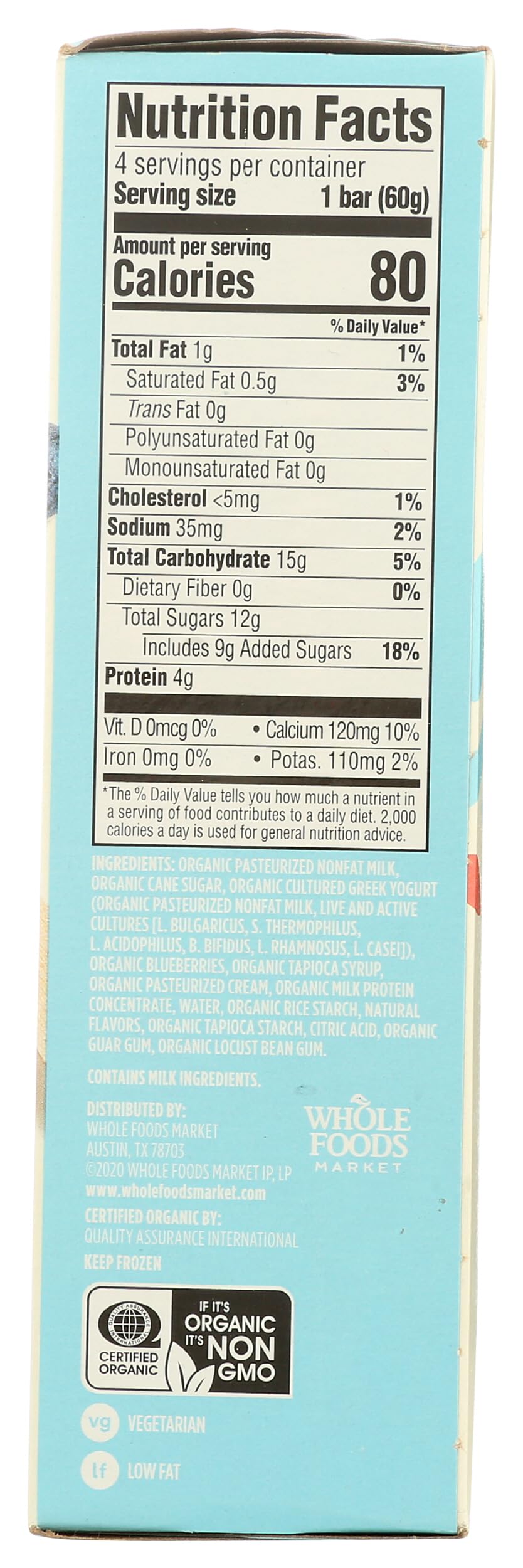 365 by Whole Foods Market, Frozen Yogurt Greek Blueberry Organic, 2.5 Fl Oz, 4 Pack