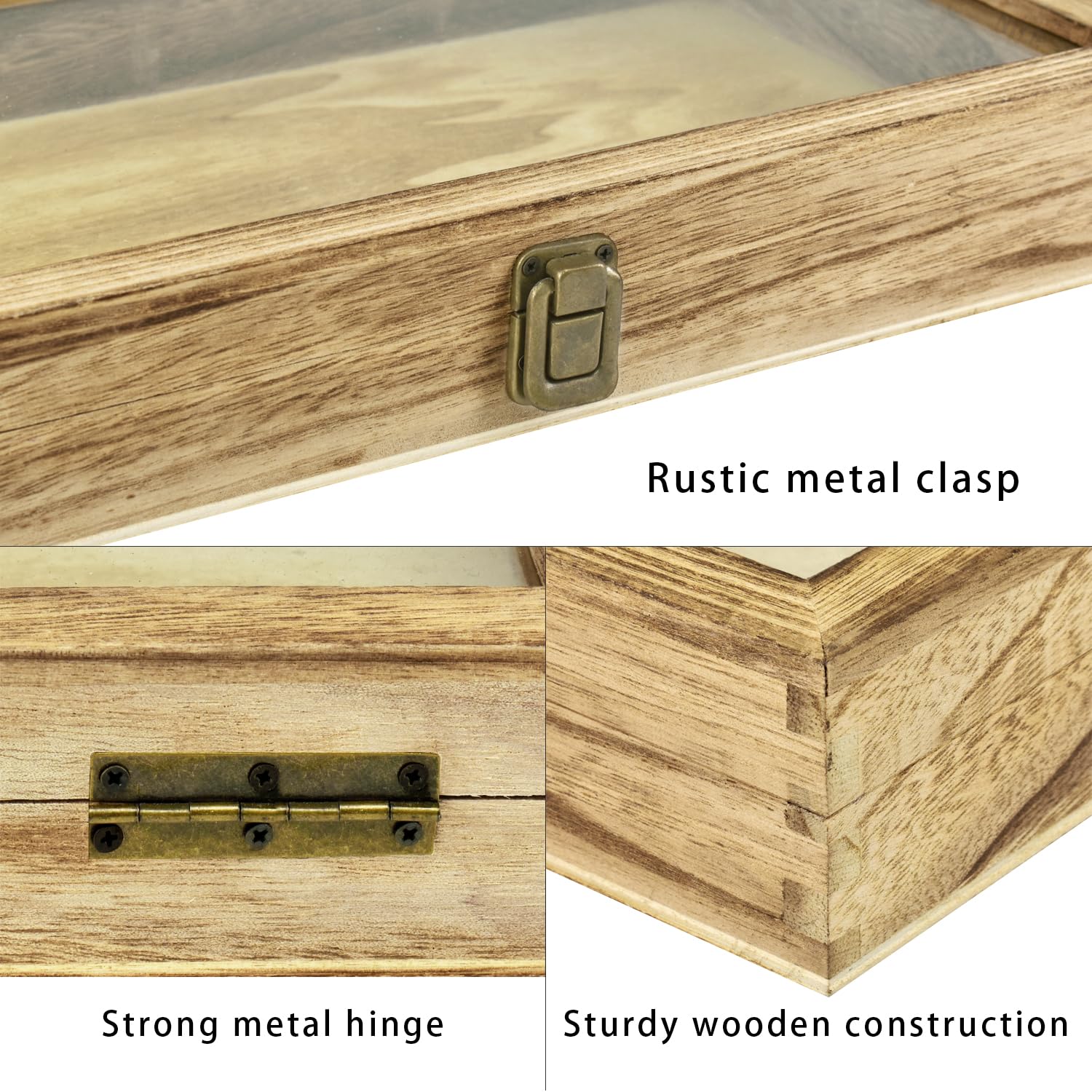 MOOCA Jewelry Display Case with Tempered Glass Lid and Metal Clasp, Home Organization Storage Box, Pocket Knife Display Case, Oak Color