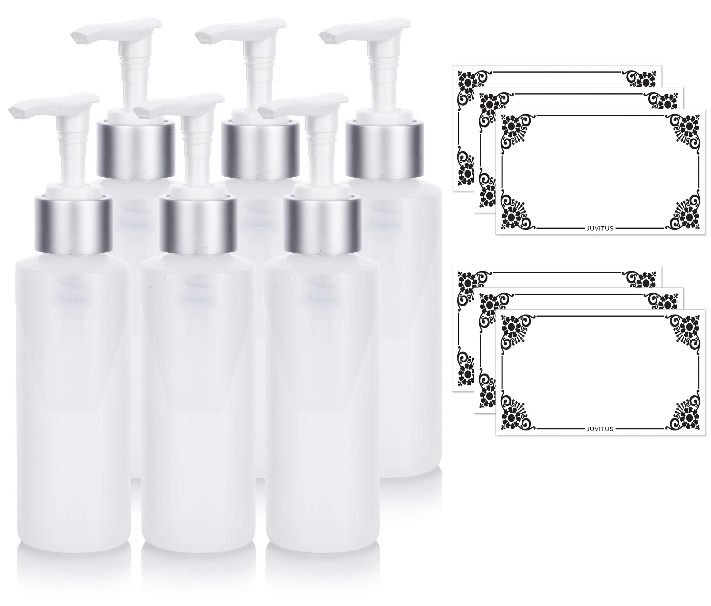 JUVITUS 4 oz Clear Natural Refillable Plastic Squeeze Bottle with Silver Lotion Pump (6 pack) + Labels
