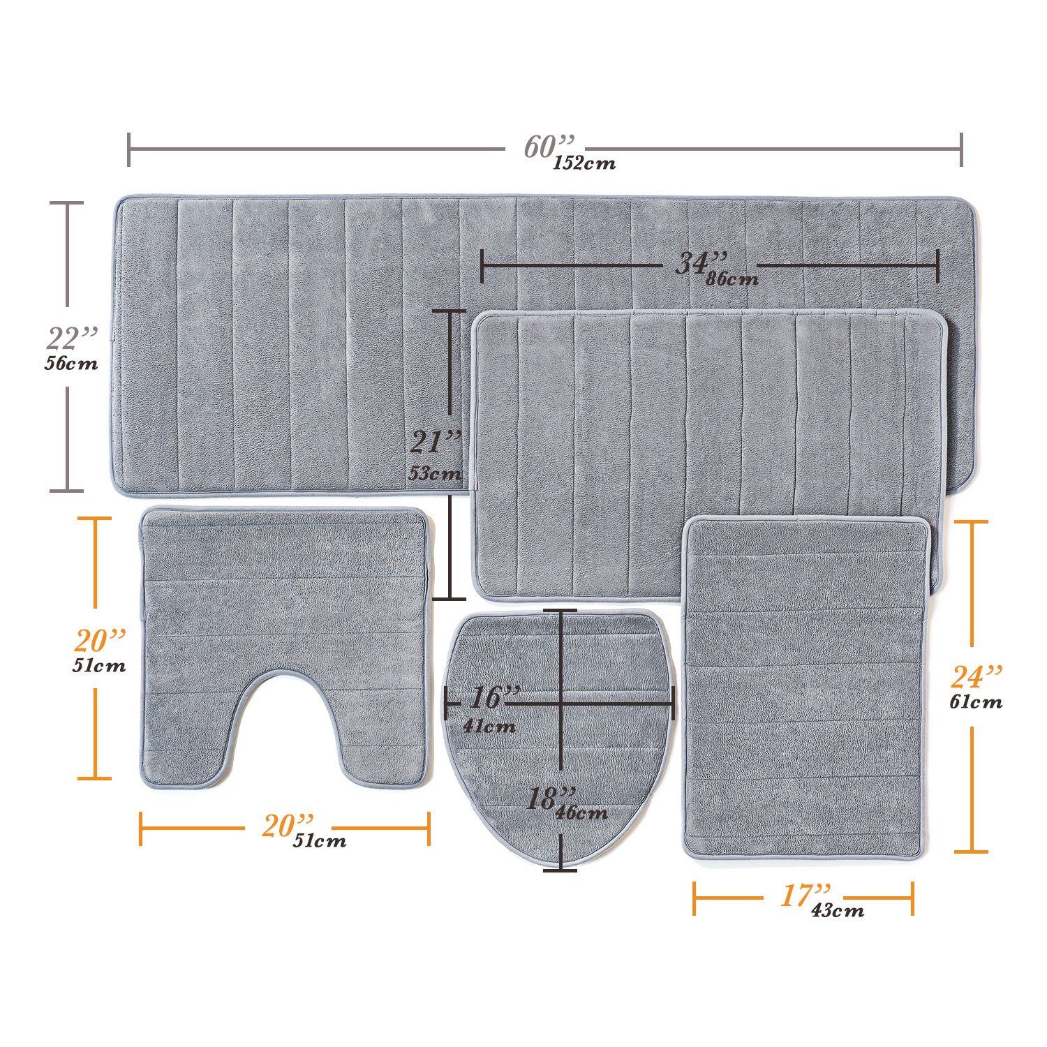 Over the Floor │ Bath Mats 5-Piece Set Thick Memory Foam - Close Out│ Bathroom Rugs Set, Toilet Rug, Water Absorbent, Extra Soft, Non-Slip Back │Gray