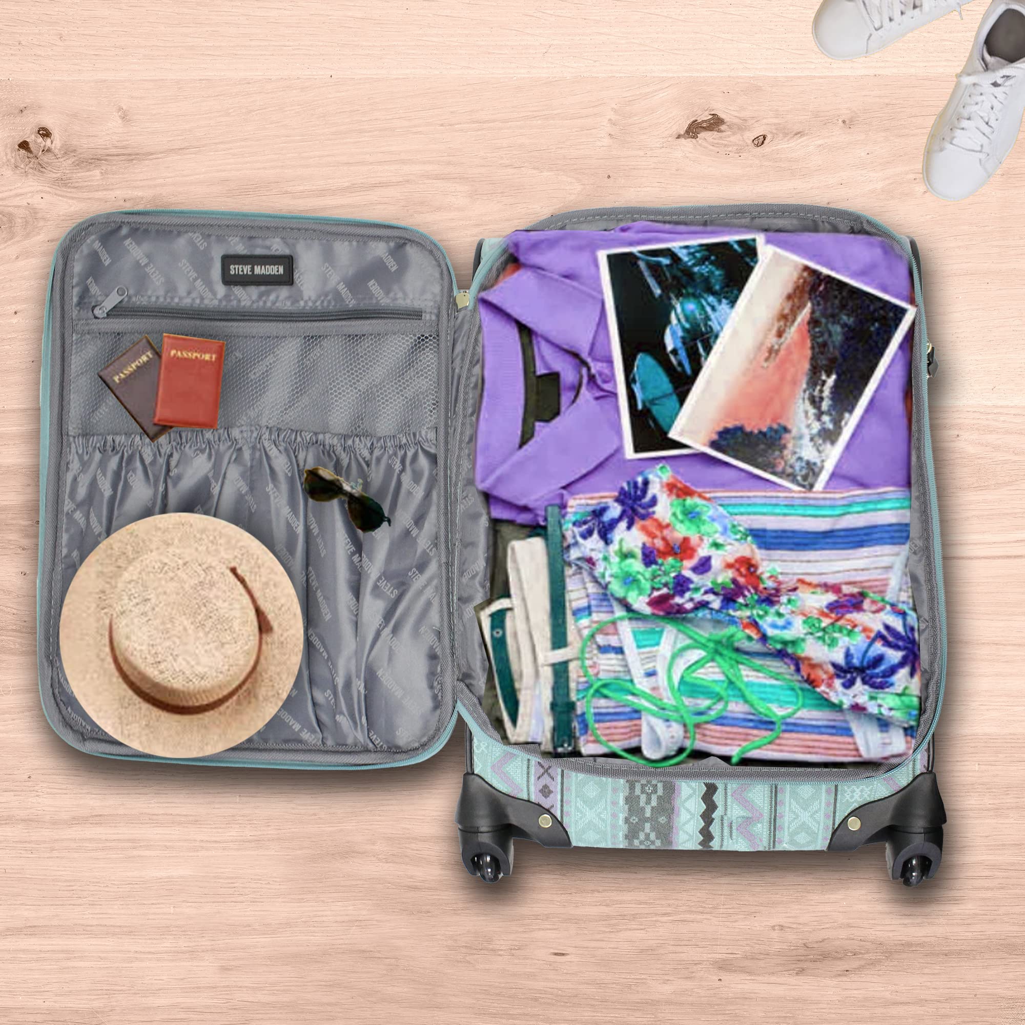 Steve Madden Designer Luggage Collection - Expandable 24 Inch Softside Bag - Durable Mid-sized Lightweight Checked Suitcase with 4-Rolling Spinner Wheels (Legends Turquoise)