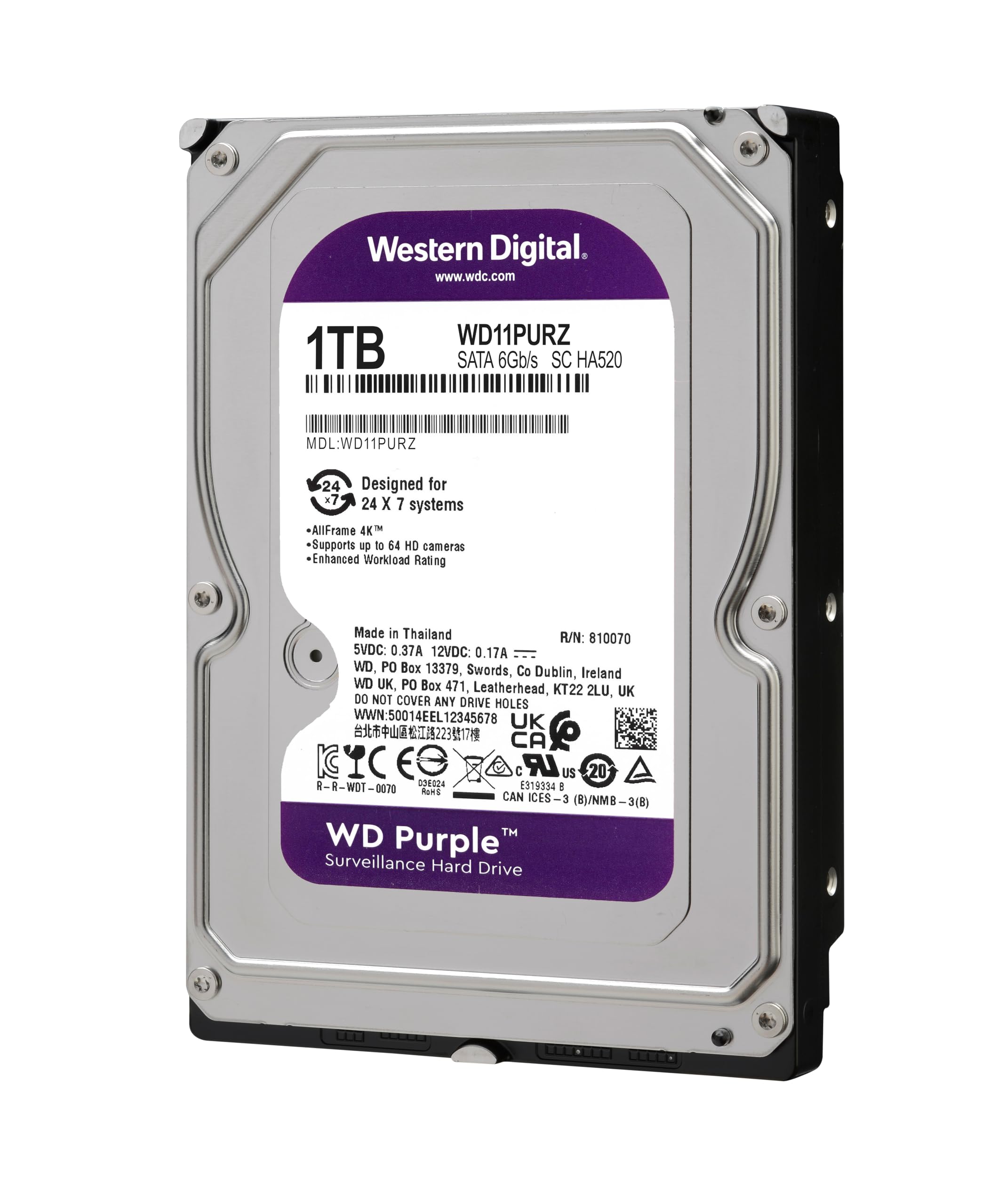 Western Digital 1TB WD Purple Surveillance Internal Hard Drive HDD - SATA 6 Gb/s, 64 MB Cache, 3.5" - WD10PURZ