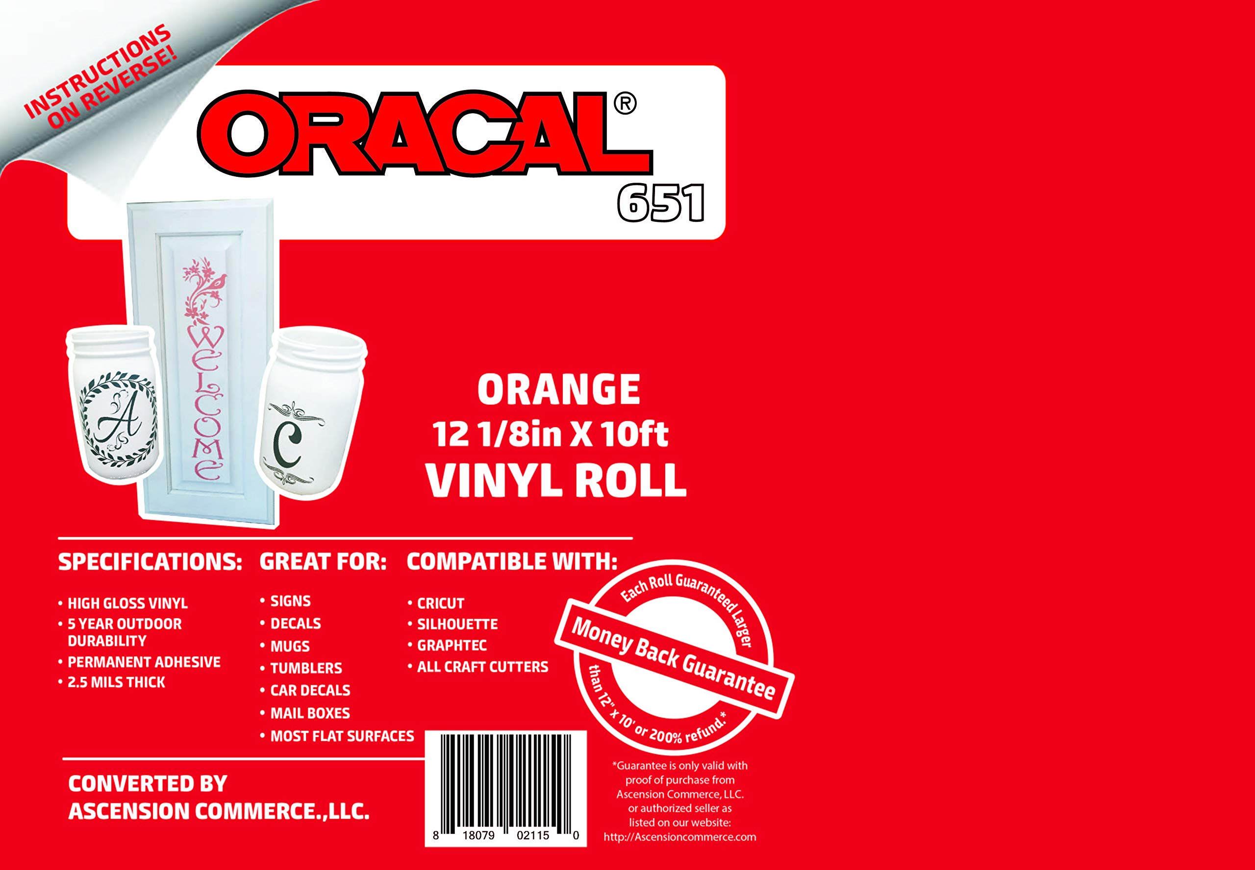 12.125" x 10ft Roll of Oracal 651 Orange Craft Vinyl - On a 2.5" Core - Adhesive Vinyl for Cricut, Silhouette, and Cameo Cutters - Gloss Finish - Outdoor and Permanent