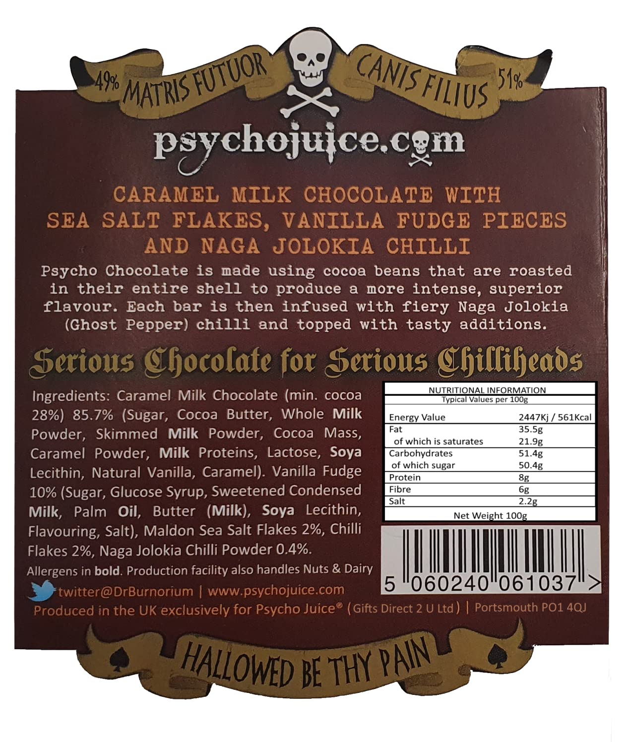 Psycho Chilli Salted Caramel Ghost Pepper Milk Chocolate Bar 100g