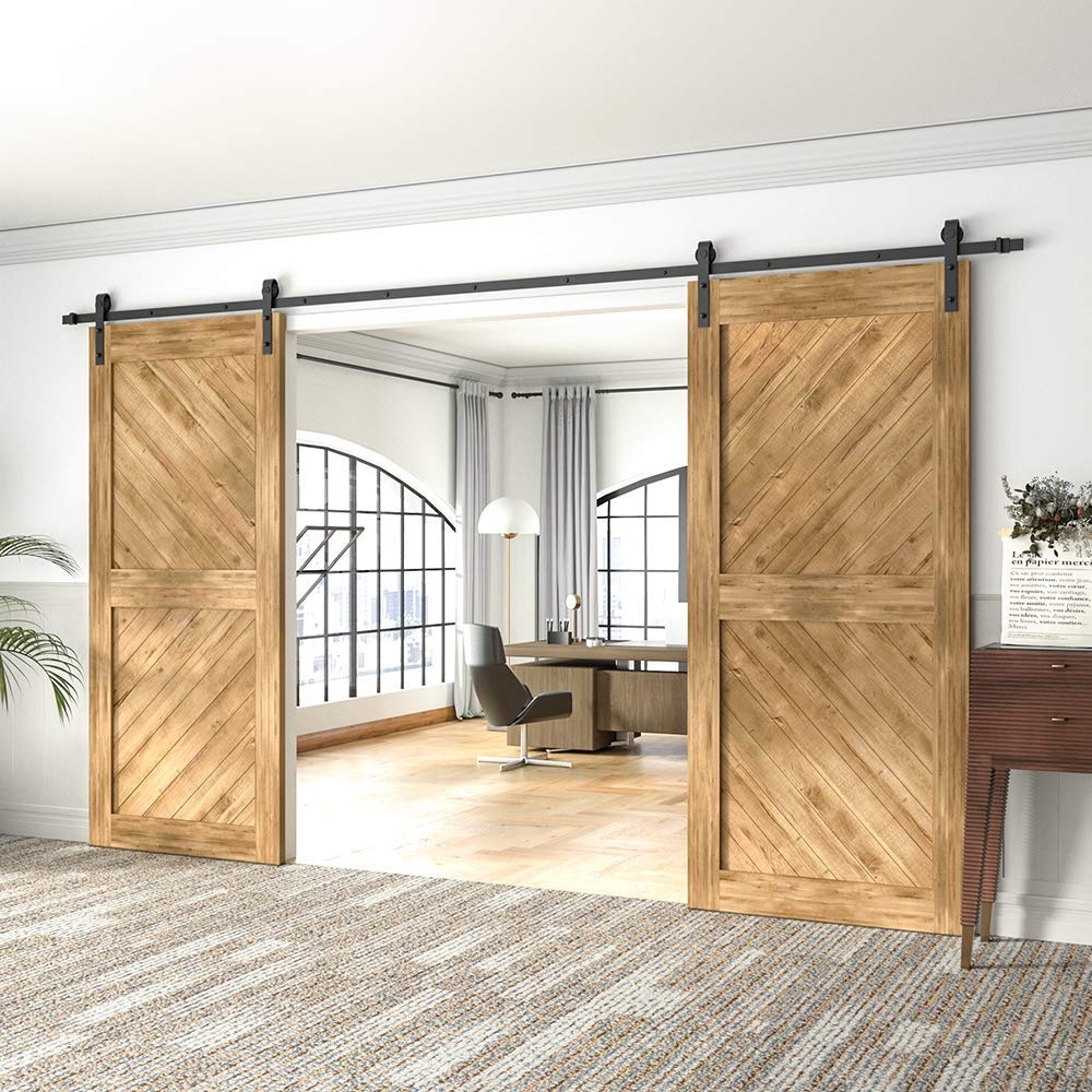 WINSOON 15FT Barn Door Hardware Kit: Double Sliding Door Hardware - Heavy Duty Black Barn Door Track Kit - Carbon Steel Sliding Barn Door Rail - J-Shape Easy to Install for 90" Closet Panel(No Door)