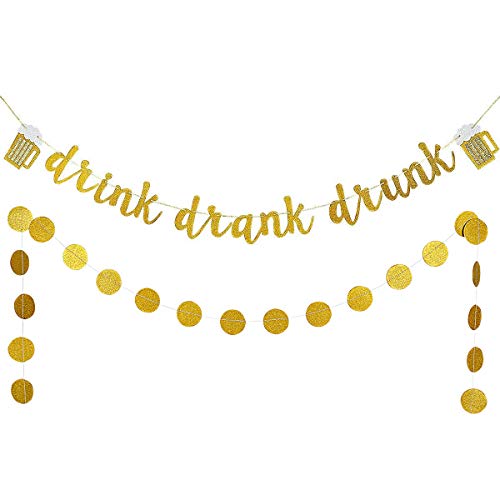 Gold Glittery Drink Drank Drunk Banner and Gold Glittery Circle Dots Garland(25pcs Circle Dots)-Bar Sign Bachelorette Wedding Birthday Party Decoration