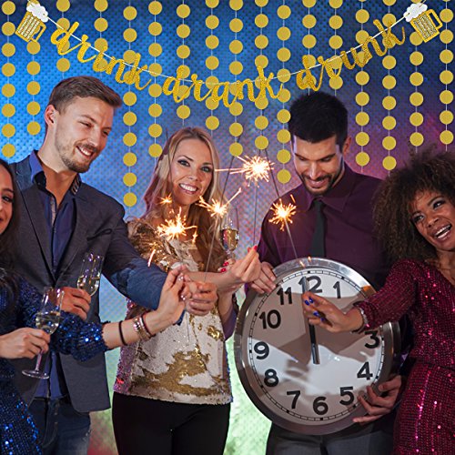 Gold Glittery Drink Drank Drunk Banner and Gold Glittery Circle Dots Garland(25pcs Circle Dots)-Bar Sign Bachelorette Wedding Birthday Party Decoration