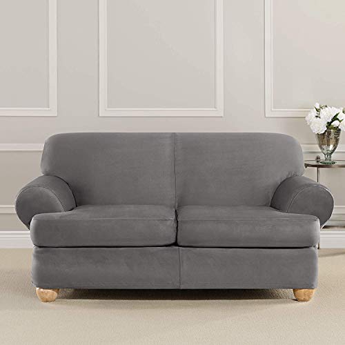 Sure Fit Ultimate Heavyweight Stretch Suede Individual 2 Piece T-Cushion Loveseat Slipcover - Slate Gray