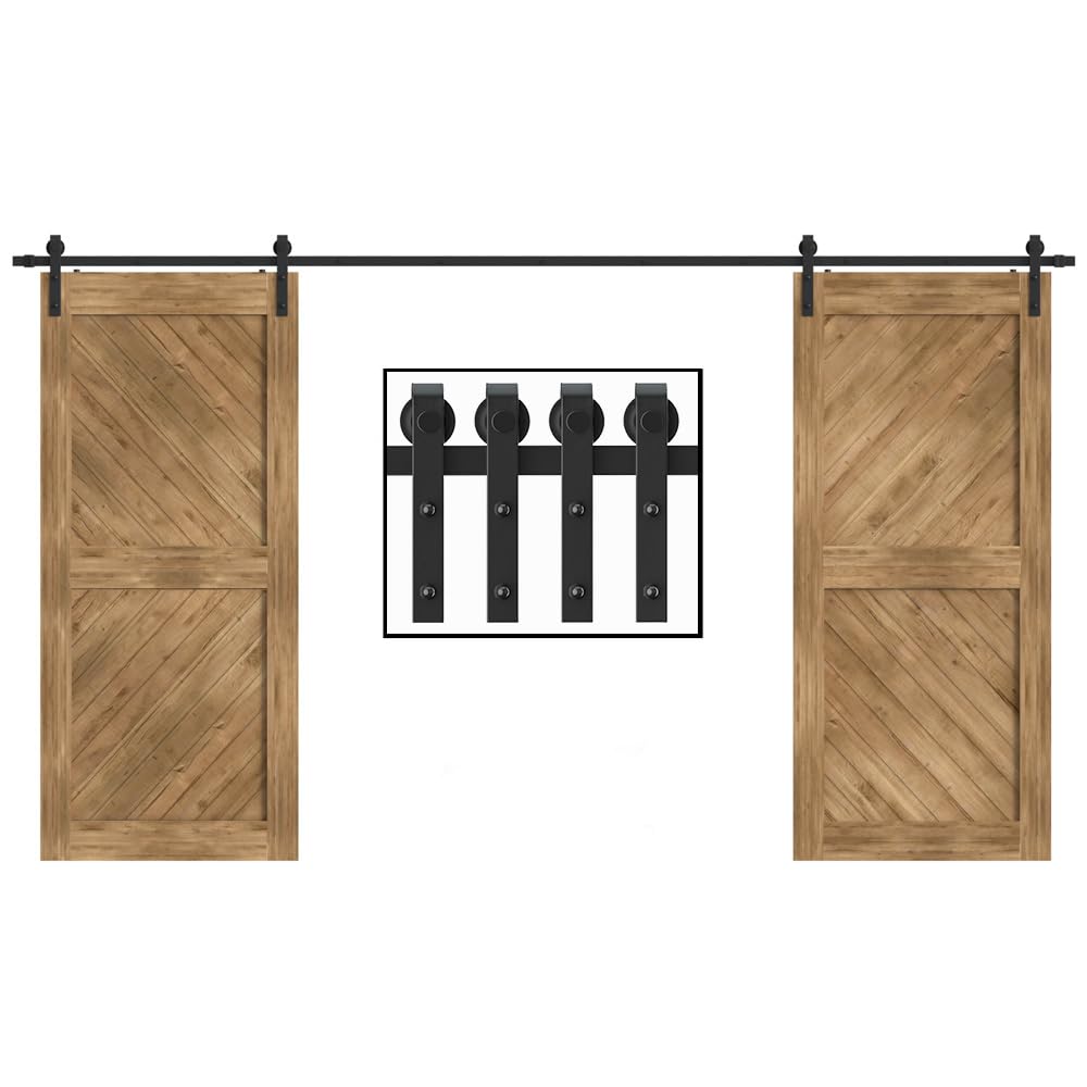 WINSOON 15FT Barn Door Hardware Kit: Double Sliding Door Hardware - Heavy Duty Black Barn Door Track Kit - Carbon Steel Sliding Barn Door Rail - J-Shape Easy to Install for 90" Closet Panel(No Door)