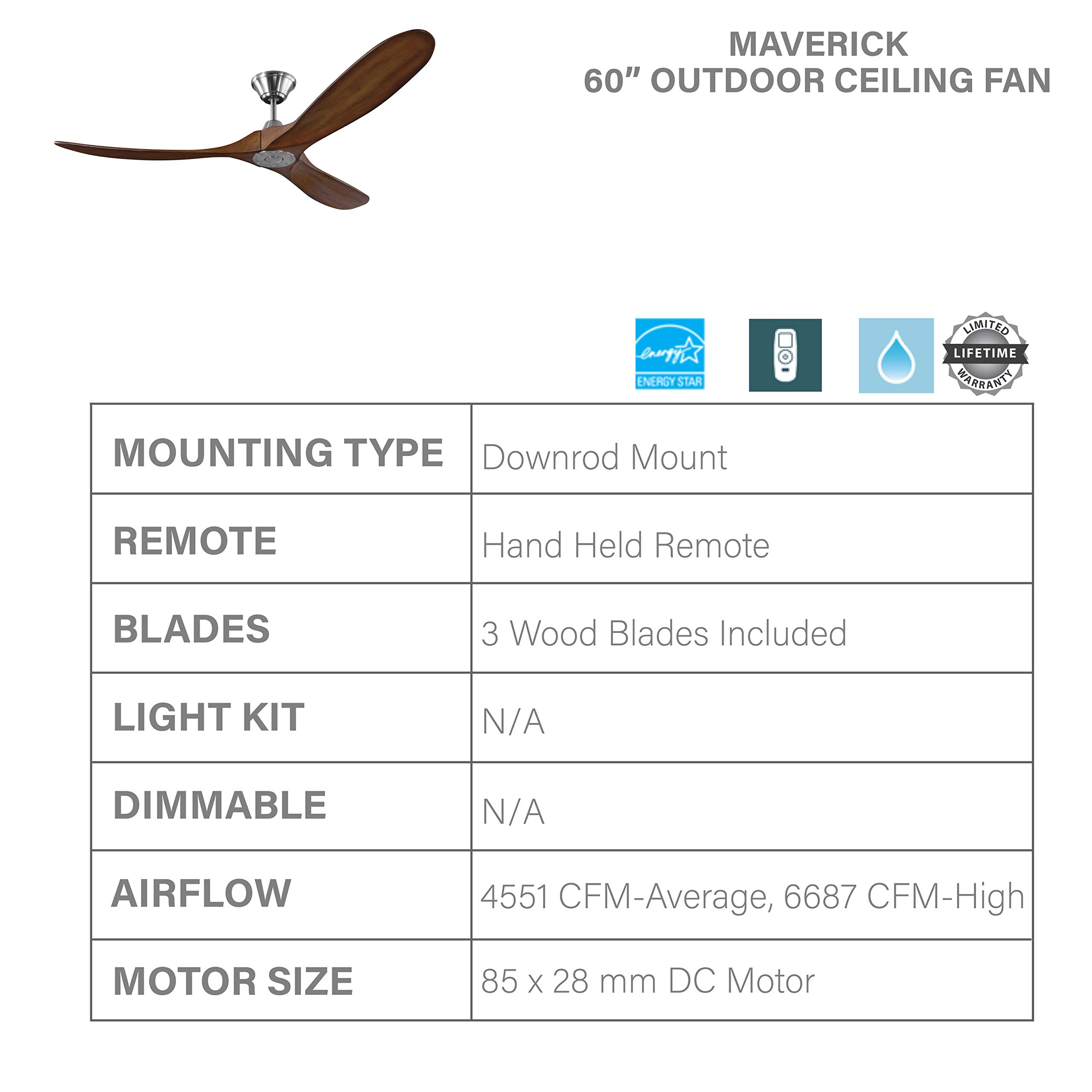 Monte Carlo 3MAVR60BSKOA Maverick Energy Star Outdoor Ceiling Fan with Remote Control, 3 Balsa Wood, 60-Inch, Brushed Steel-Koa Blades
