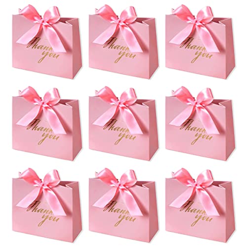 DECHISY 24Pack Small Thank You Gift Bag Party Favor Bags Treat Boxes with Rose Red Bow Ribbon, Pink Pattern Paper Gift Bags Bulk for Wedding Baby Shower Business Party Supplies