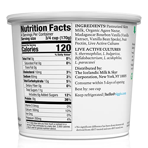 siggi’s® Icelandic Strained Nonfat Yogurt, Vanilla, 24 oz. – Thick, Protein-Rich Yogurt Snack