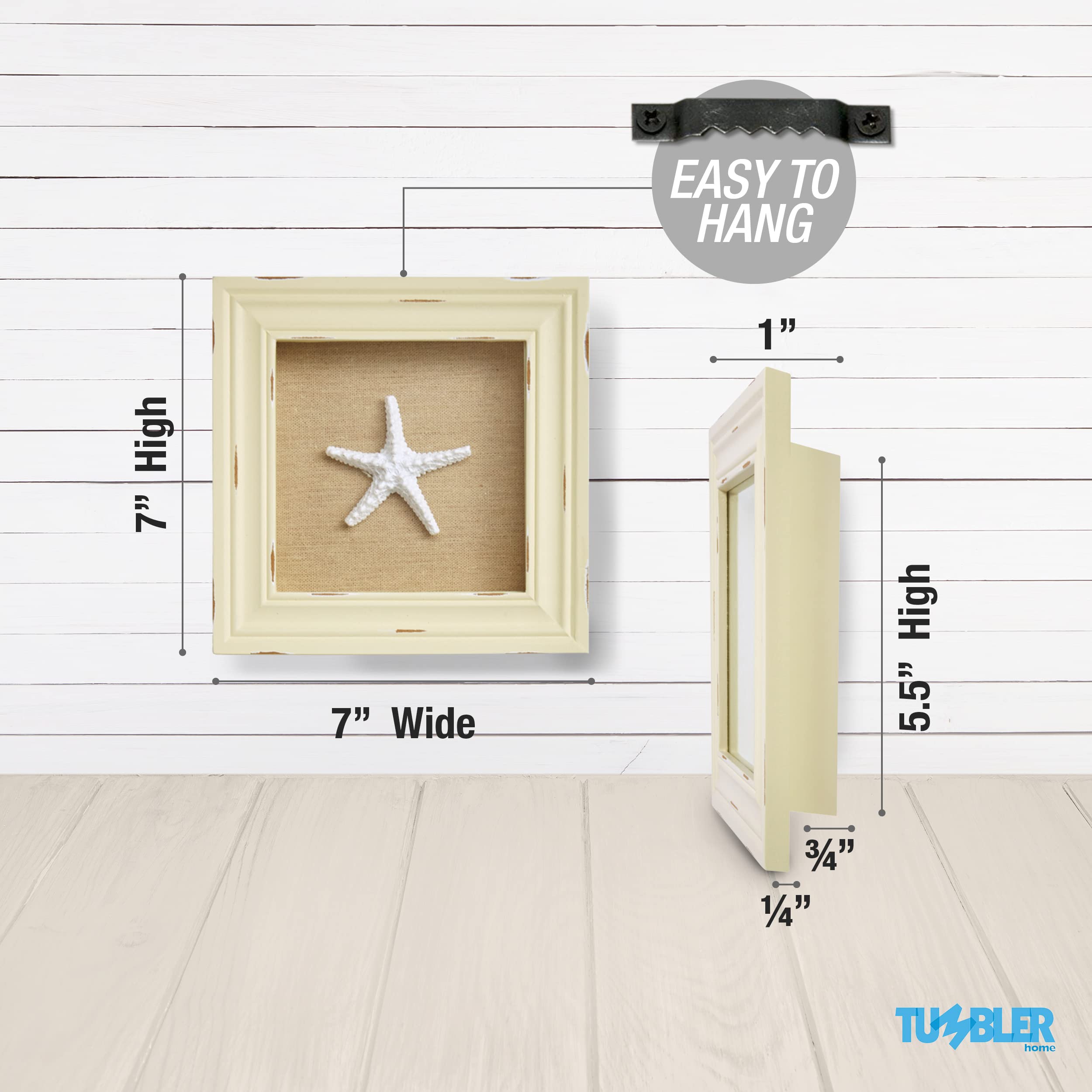 Beachy Set of 3 Shell Shabby Chic Shadow Boxes- Creamy Off White Frame 7" x 7" - Starfish, Sand Dollar and Clam Shell Mounted on Fabric Background by Tumbler Home