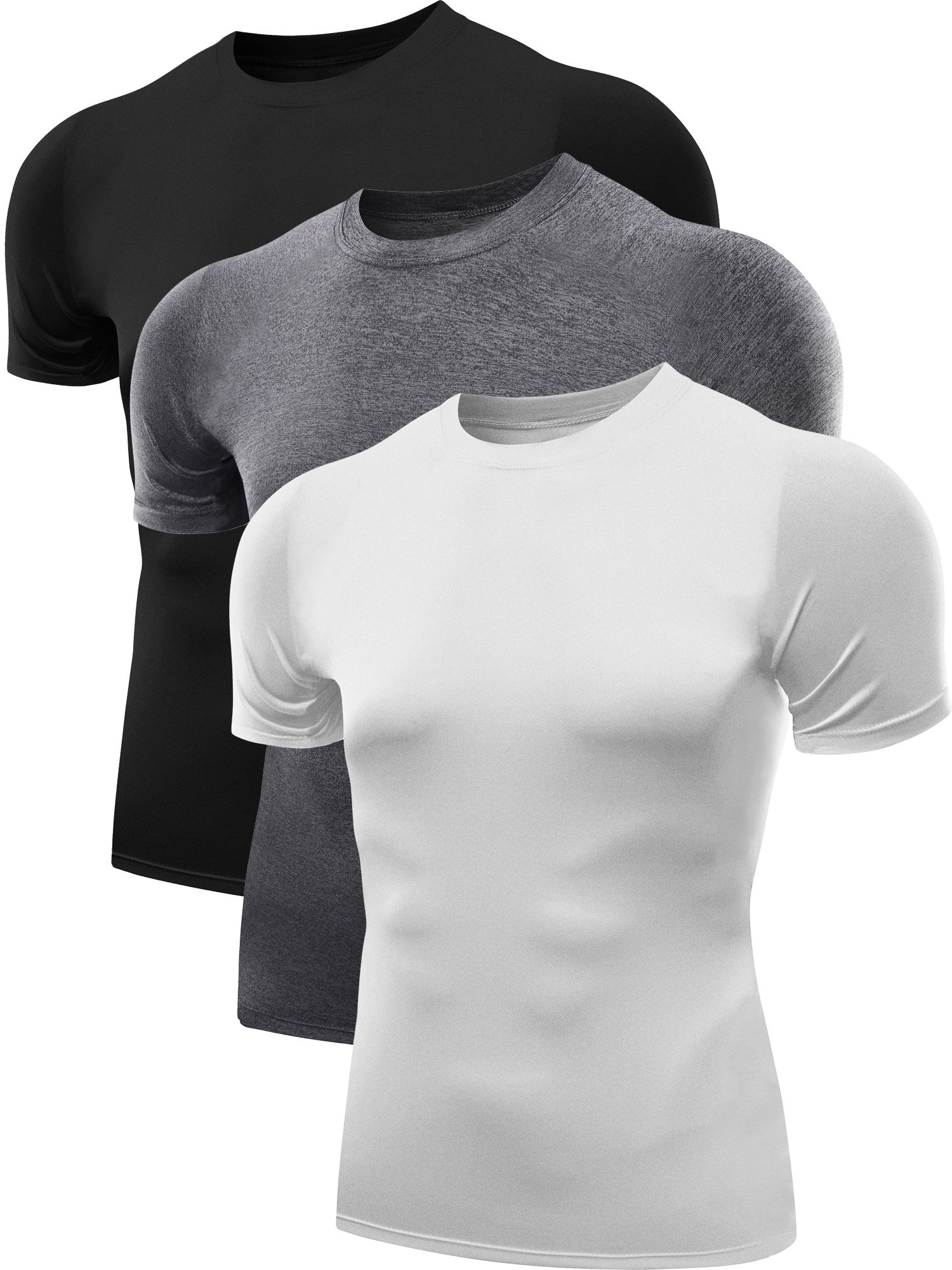 NELEUS Men's 3 Pack Athletic Compression Workout Short Sleeve Shirts,5011,Black,Grey,White,XL,EUR 2XL