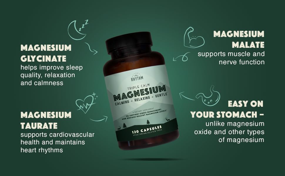 Natural Rhythm Triple Calm Magnesium 150 mg - 120 Capsules – Magnesium Complex Compound Supplement with Magnesium Glycinate, Malate, and Taurate. Calming Blend for Promoting Rest and Relaxation.