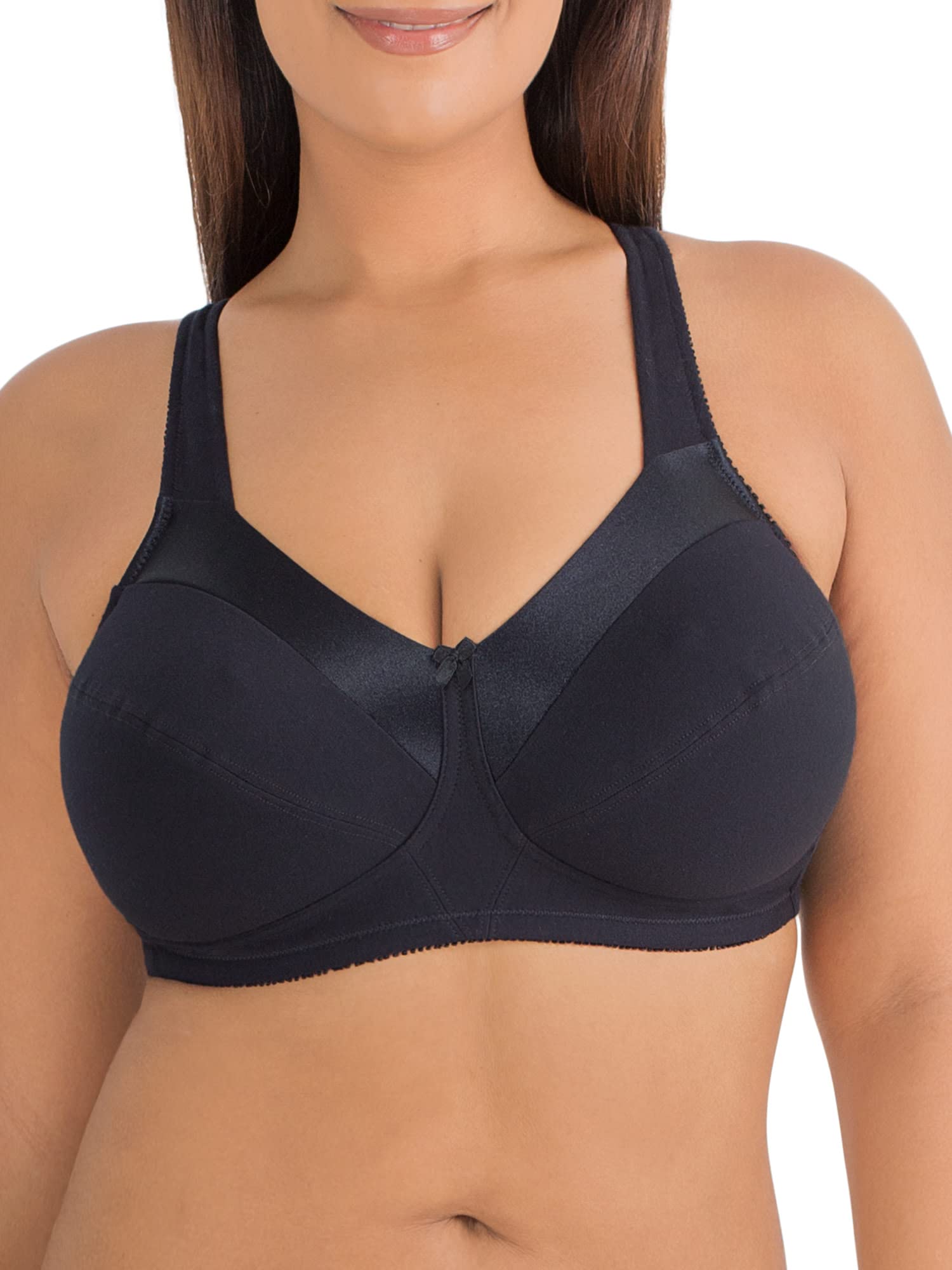 Fruit of the Loom Women's Seamed Soft Cup Wirefree Cotton Bra with Satin Trim, Black HUE, 38DD