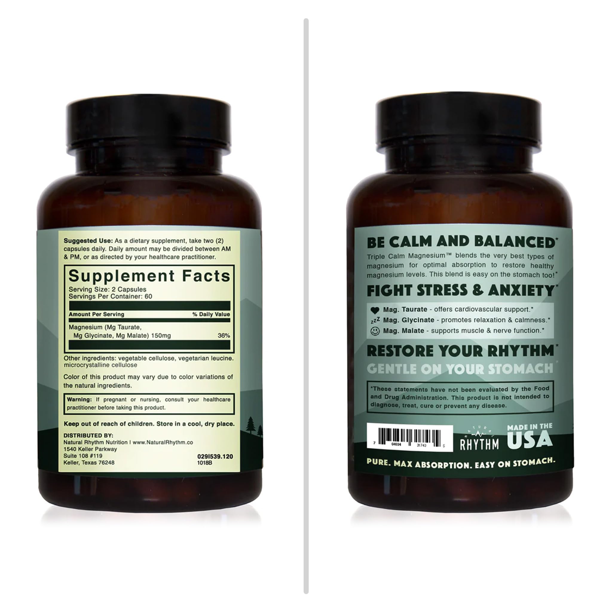 Natural Rhythm Triple Calm Magnesium 150 mg - 120 Capsules – Magnesium Complex Compound Supplement with Magnesium Glycinate, Malate, and Taurate. Calming Blend for Promoting Rest and Relaxation.
