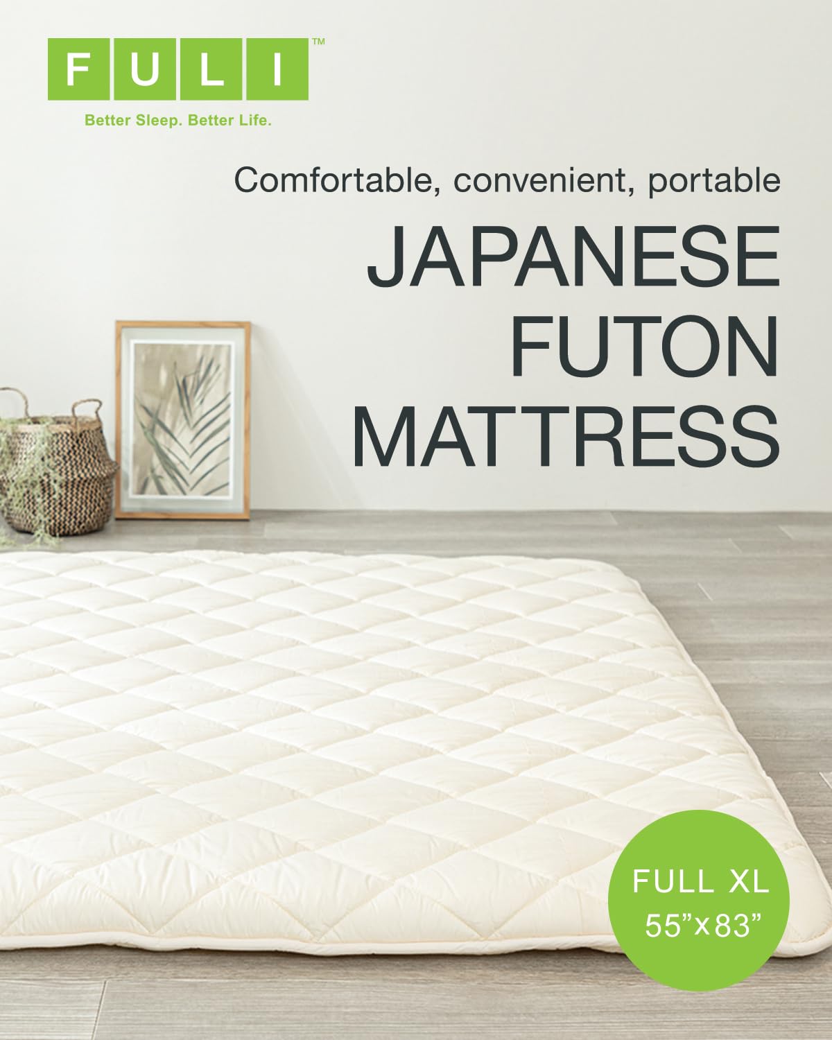 FULI Japanese Futon Mattress, Japanese Floor Mattress, Floor Bed, Tatami Foldable Bed, Roll Up Sleeping Pad, Shikibuton, Made in Japan (White, Full XL)