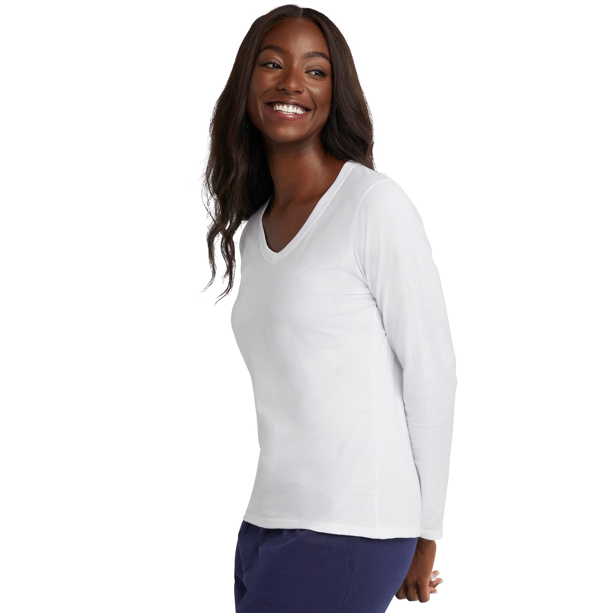 Hanes Comfortblend Women's Originals Long Sleeve Cotton T-Shirt, Lightweight V-Neck Tee, Modern Fit, White, Medium