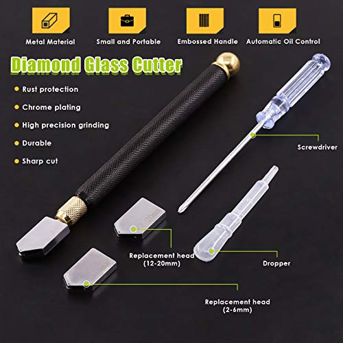 Keadic Professional Glass Cutter Tool Set with Glass Breaking Pliers, Glass Running Pliers, 2mm-20mm Oil Feed Carbide Tip with 2 Replaceable Blades for Mirrors/Windows/Mosaic/Stained Glass