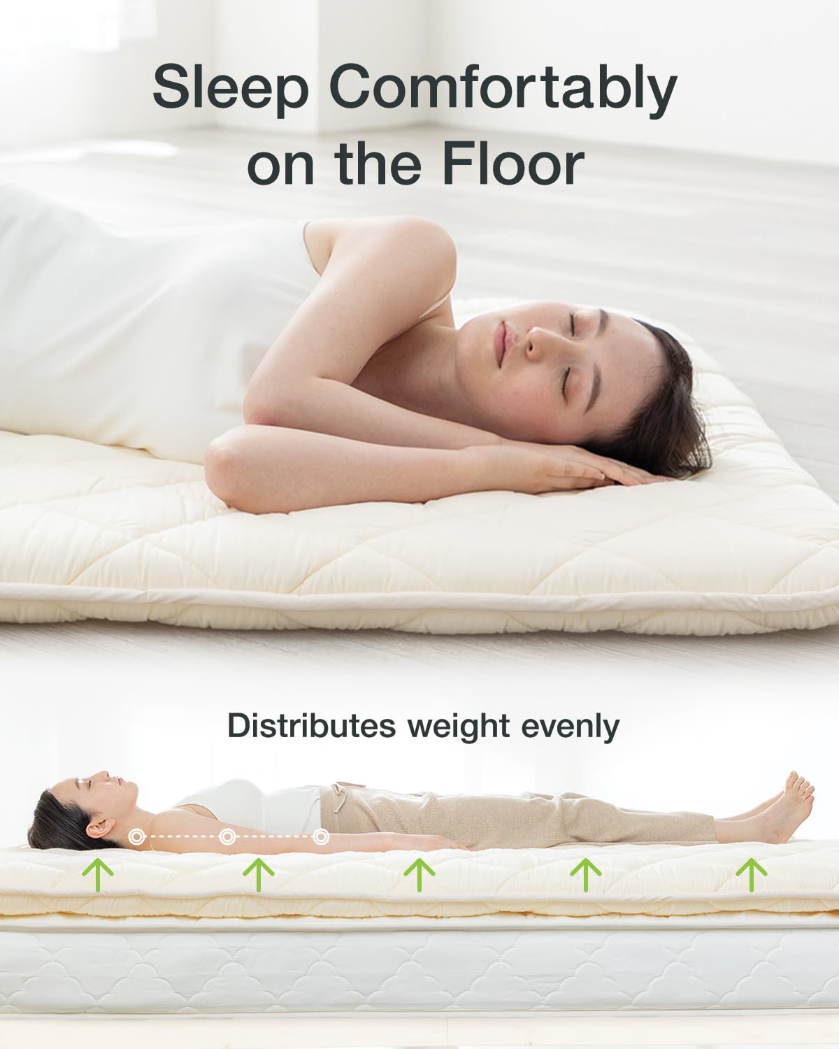 FULI Japanese Futon Mattress, Japanese Floor Mattress, Floor Bed, Tatami Foldable Bed, Roll Up Sleeping Pad, Shikibuton, Made in Japan (White, Full XL)