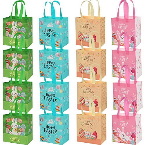 16 Pack Easter Gift Bags Reusable Tote Bag With Handle, Bunny Easter Egg Non-Woven Bag Foldable Water Resistant Treat Bag for Holiday Party Favors …