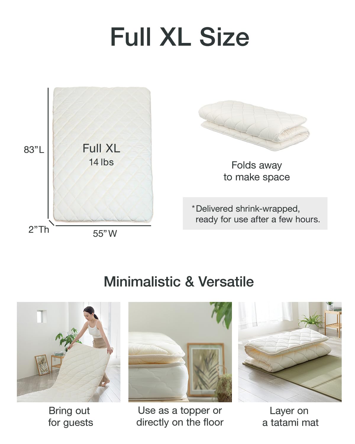 FULI Japanese Futon Mattress, Japanese Floor Mattress, Floor Bed, Tatami Foldable Bed, Roll Up Sleeping Pad, Shikibuton, Made in Japan (White, Full XL)
