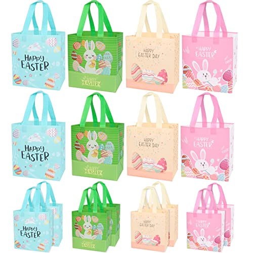 16 Pack Easter Gift Bags Reusable Tote Bag With Handle, Bunny Easter Egg Non-Woven Bag Foldable Water Resistant Treat Bag for Holiday Party Favors …