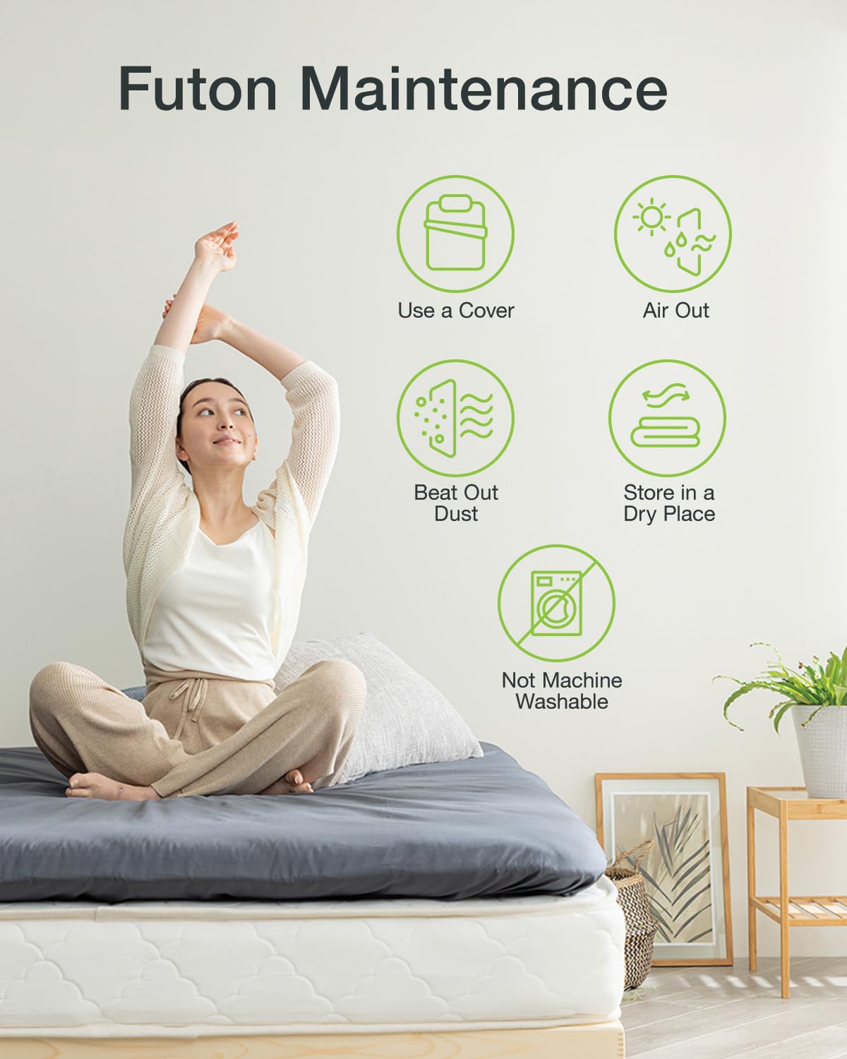 FULI Japanese Futon Mattress, Japanese Floor Mattress, Floor Bed, Tatami Foldable Bed, Roll Up Sleeping Pad, Shikibuton, Made in Japan (White, Full XL)