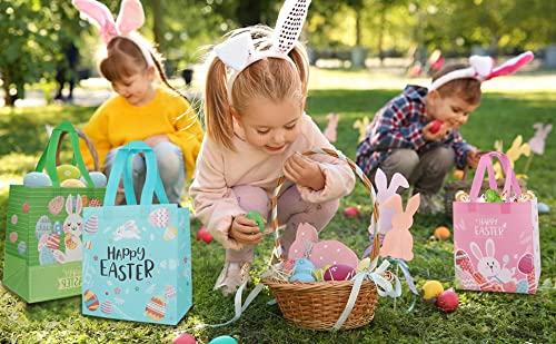16 Pack Easter Gift Bags Reusable Tote Bag With Handle, Bunny Easter Egg Non-Woven Bag Foldable Water Resistant Treat Bag for Holiday Party Favors …