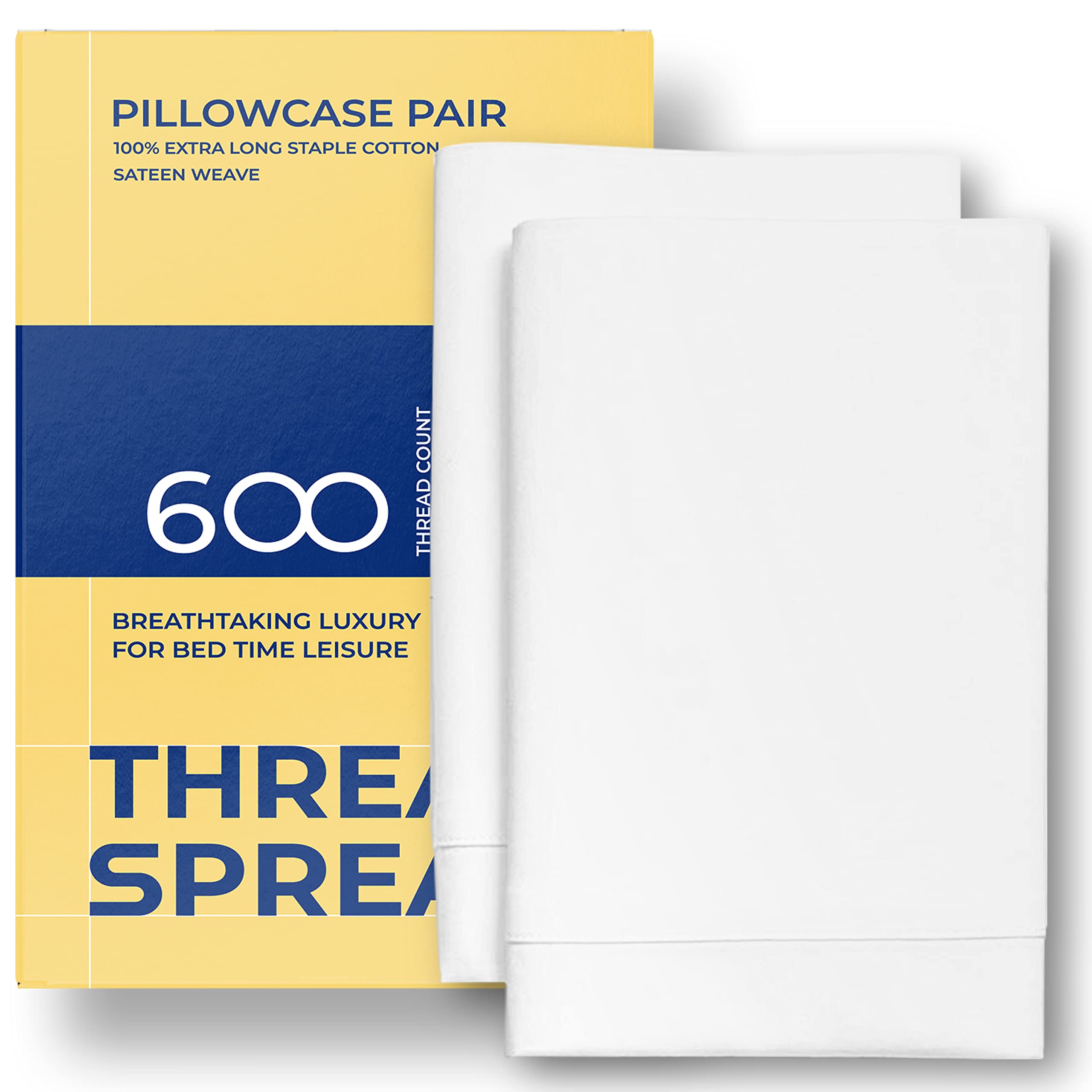 THREAD SPREAD 100% Egyptian Cotton Pillow Cases King - 600 Thread Count White King Pillow Cases Set of 2, Soft Cooling & Breathable Extra Long Staple Sateen Weave Cotton Pillowcases for King Pillows