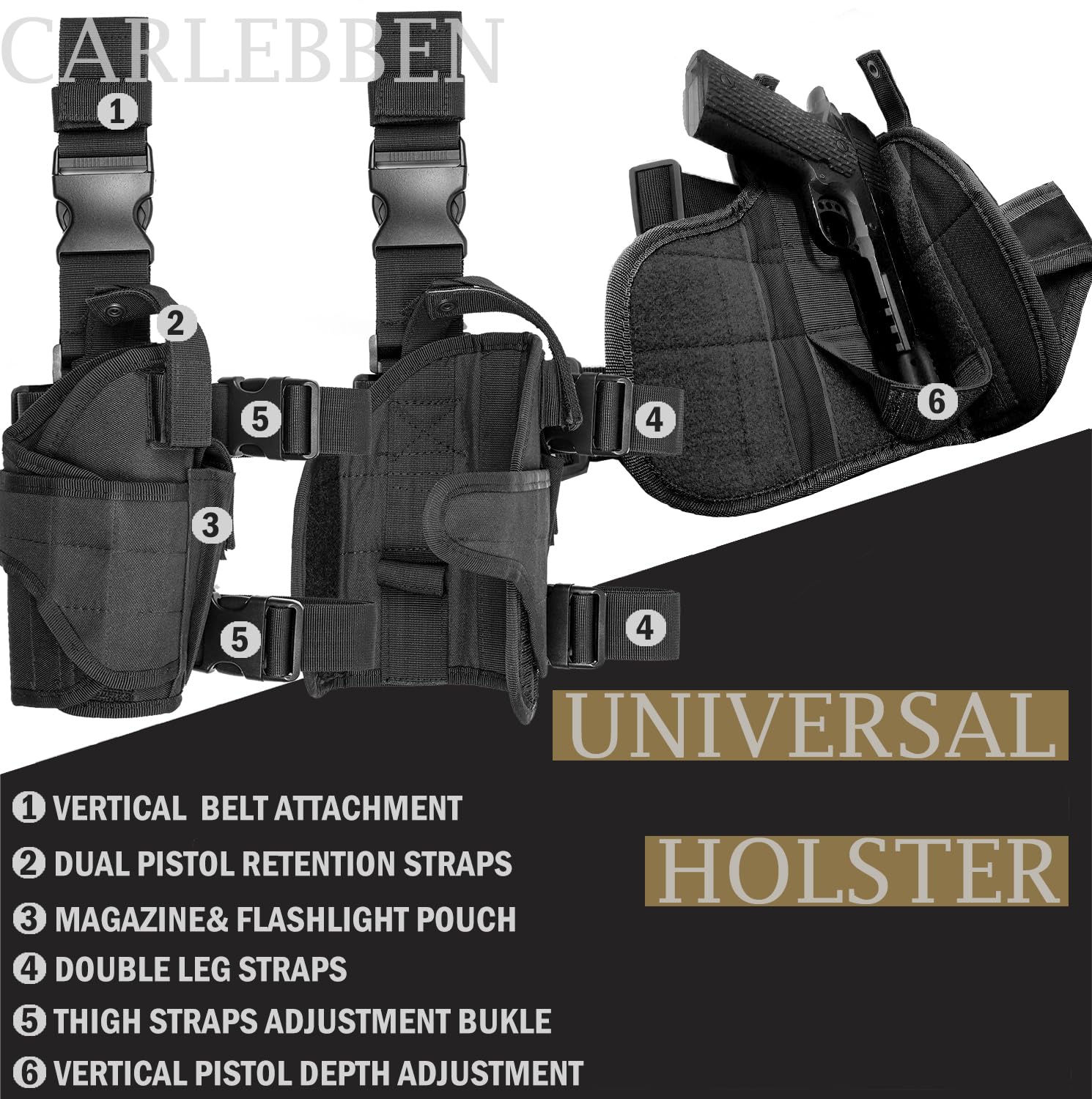 Drop Leg Holster Molle Airsoft Holster Thigh Pistol Gun Holster Tactical Adjustable Right Handed Carlebben (Black)