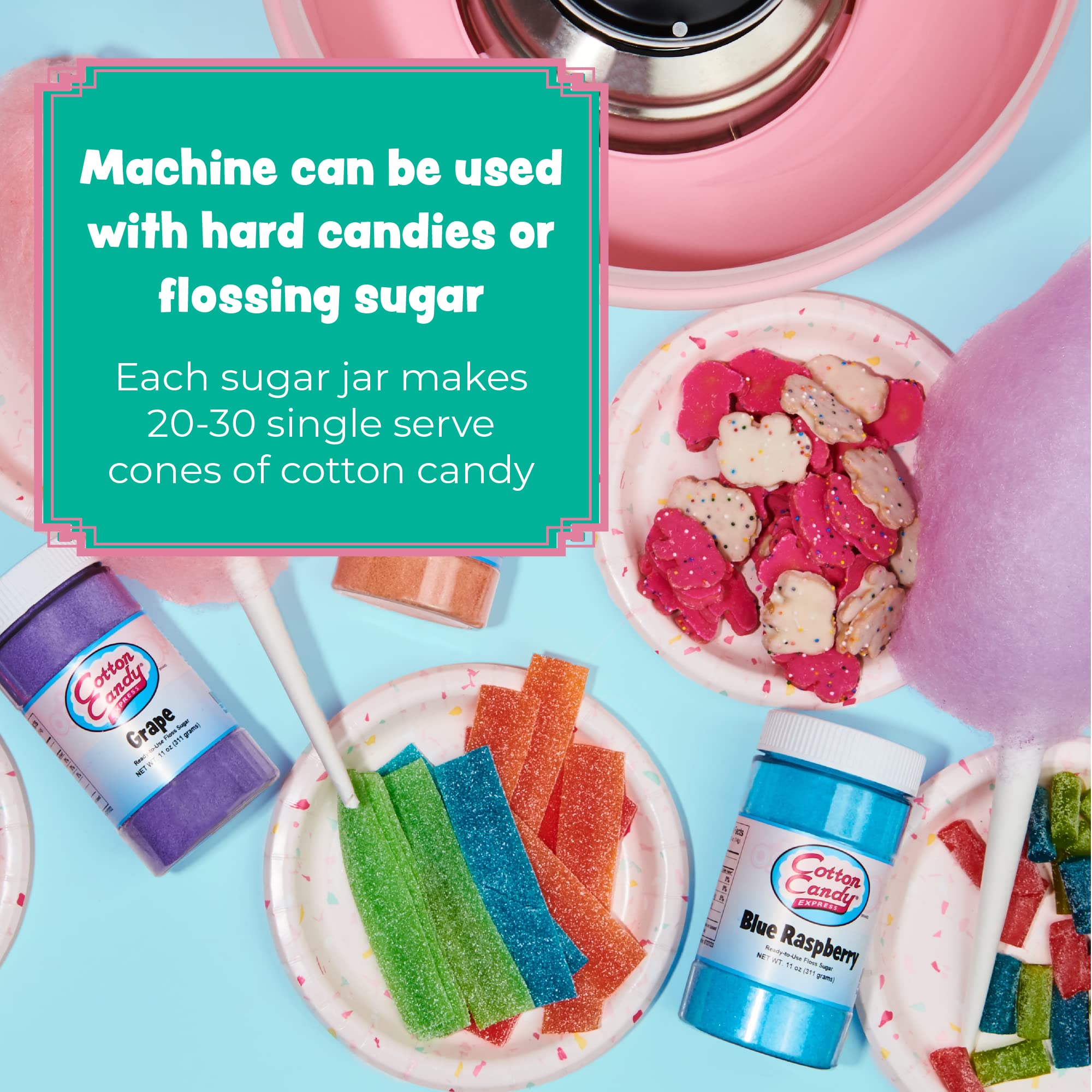 Cotton Candy Express CC1000-S Cotton Candy Machine, with 3 - 11oz. Jars of Cherry, Grape, Blue Raspberry, Orange, Pink Vanilla Floss Sugar & 50 Paper Cones Easy to Use and Clean