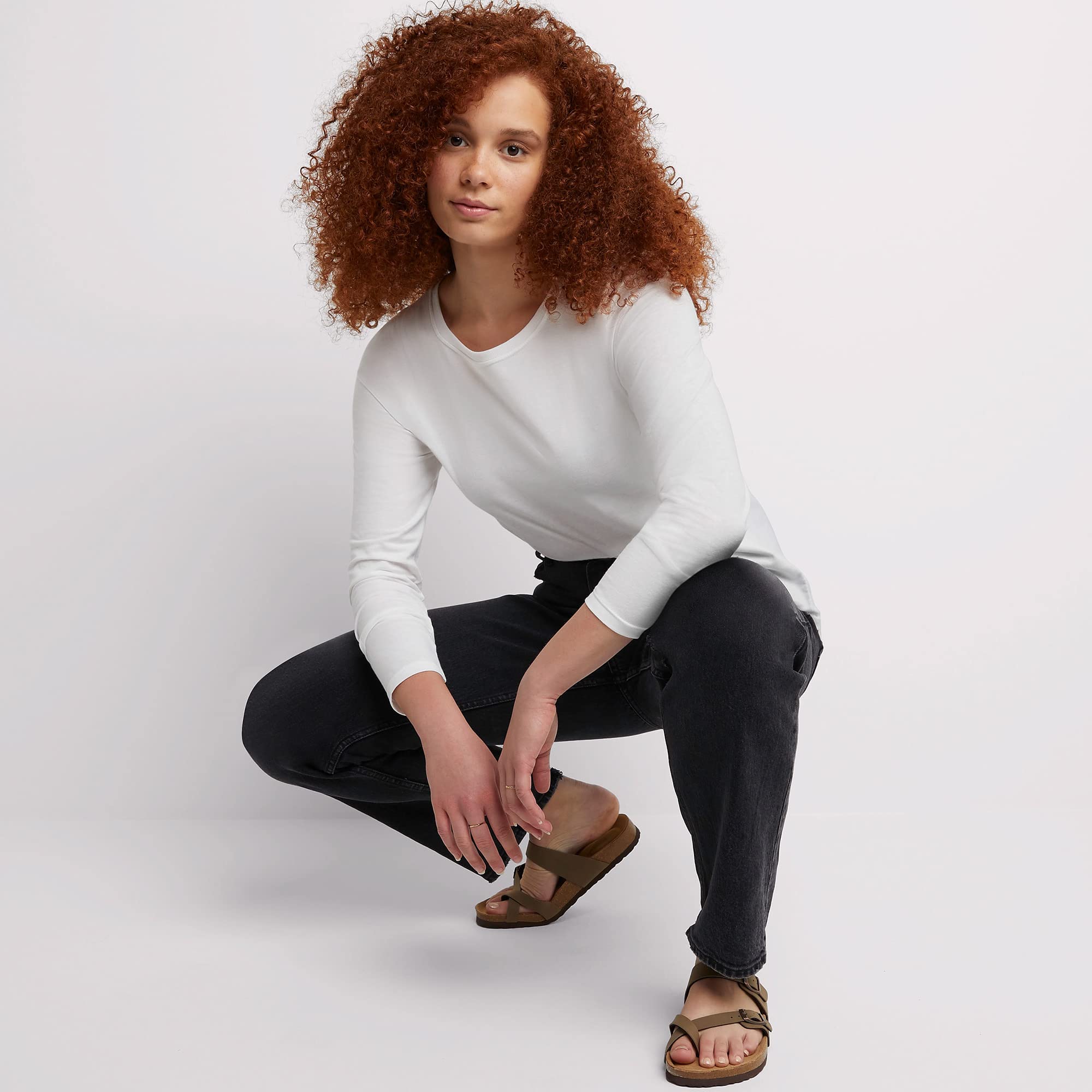 Hanes Long Sleeve Cotton T-Shirt, Lightweight Crewneck Tee for Women, Modern Fit, White, 2X Large