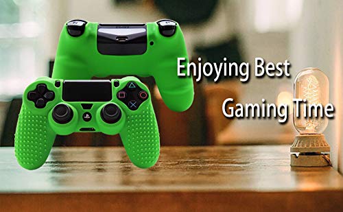 PS4 Controller Grips,Pandaren Studded Anti-Slip Silicone Cover Skin Set Compatible for PS4 /Slim/PRO Controller(Green Controller Skin x 1 + FPS PRO Thumb Grips x 8)