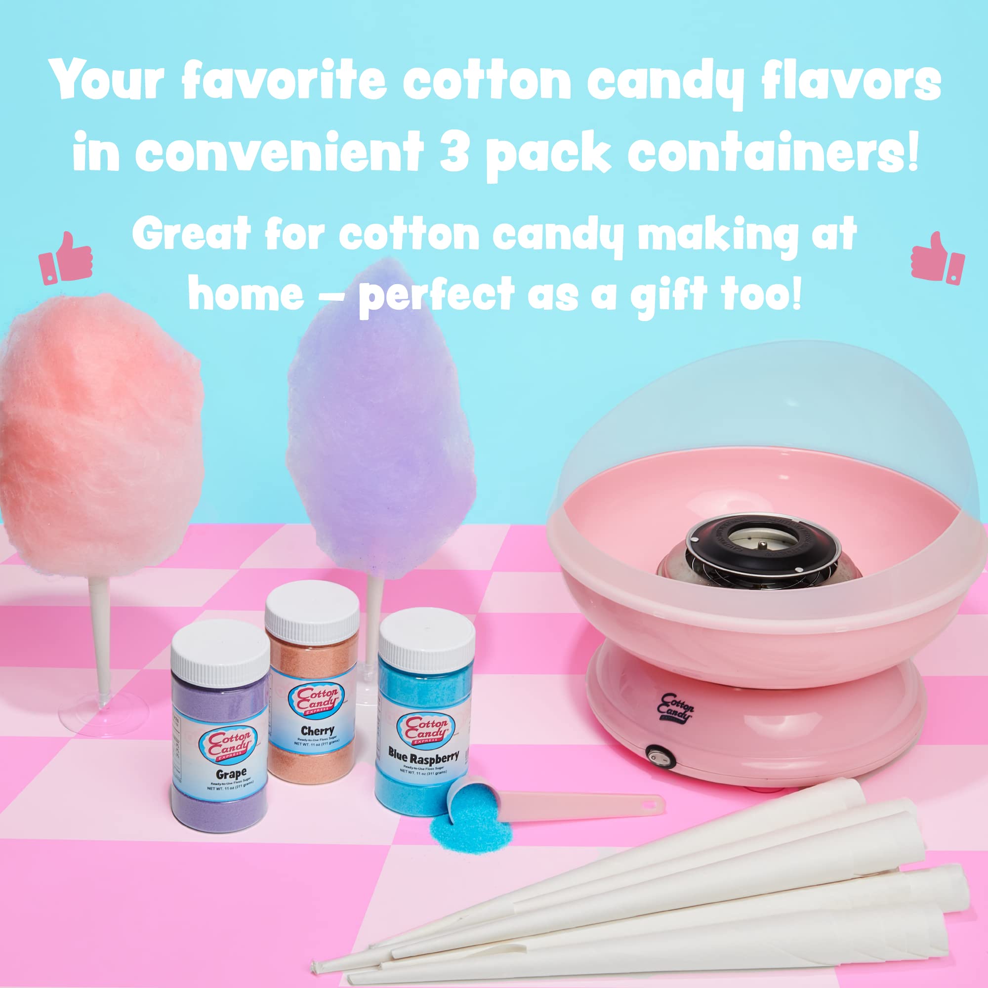 Cotton Candy Express CC1000-S Cotton Candy Machine, with 3 - 11oz. Jars of Cherry, Grape, Blue Raspberry, Orange, Pink Vanilla Floss Sugar & 50 Paper Cones Easy to Use and Clean