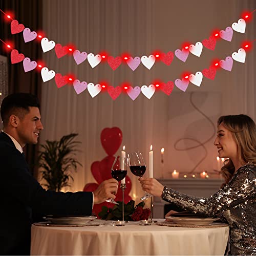 2 Pieces Heart Garland Banner for Valentines Day with Red Led Lights Decorations Red Pink White Heart Felt Banners Garland for Fireplace, Anniversary, Wedding, Engagement Party Home Decor (Style 2)