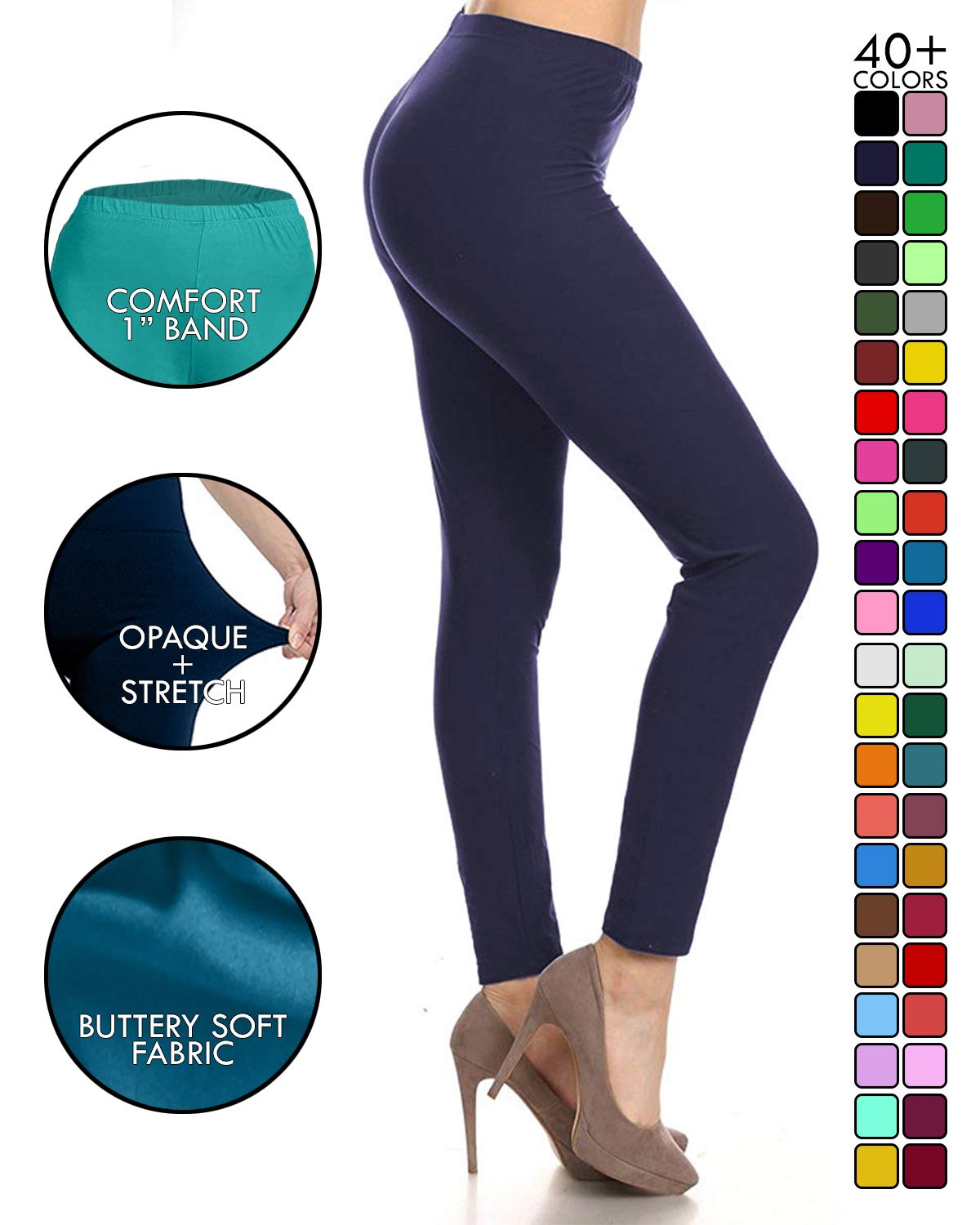 Leggings Depot Womens 1" Waistband High Waisted Solid Leggings Pants (Full Length, Navy, One Size Plus)