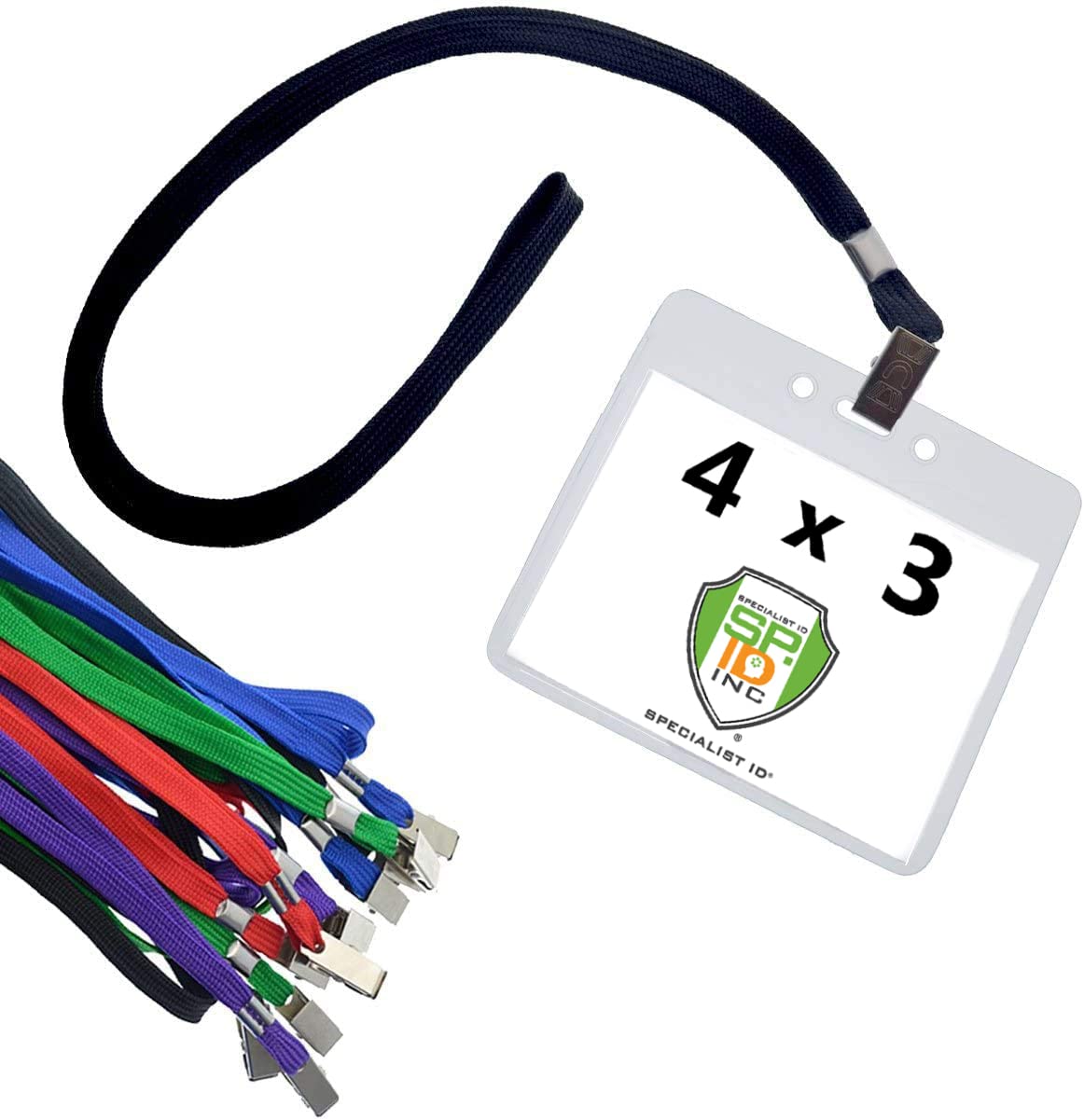 10 Pack - 4x3 Name Badge Holder with Lanyard - Clear Plastic Horizontal 4 x 3 Event Card Protector, Trade Show Ticket, Conference Nametag Holder by Specialist ID (Assorted Colors)