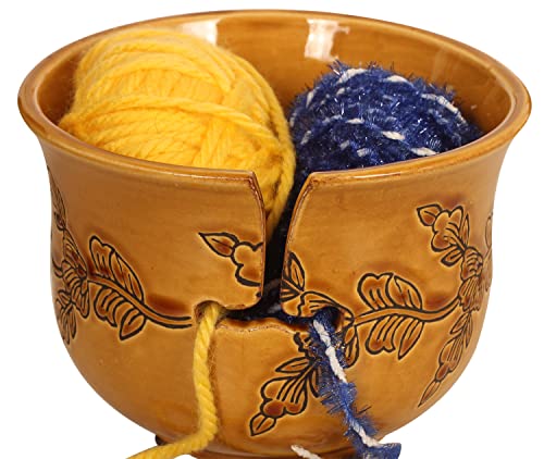 ABHANDICRAFTS Knitting Yarn Ball Storage Bowl Yellow Color Ceramic Yarn Bowl for Knitting and Crocheting with Hand Carved Floral Design