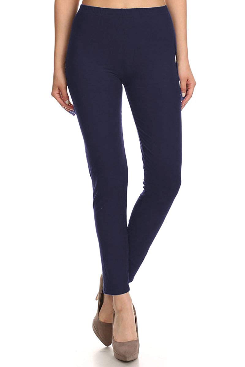 Leggings Depot Womens 1" Waistband High Waisted Solid Leggings Pants (Full Length, Navy, One Size Plus)